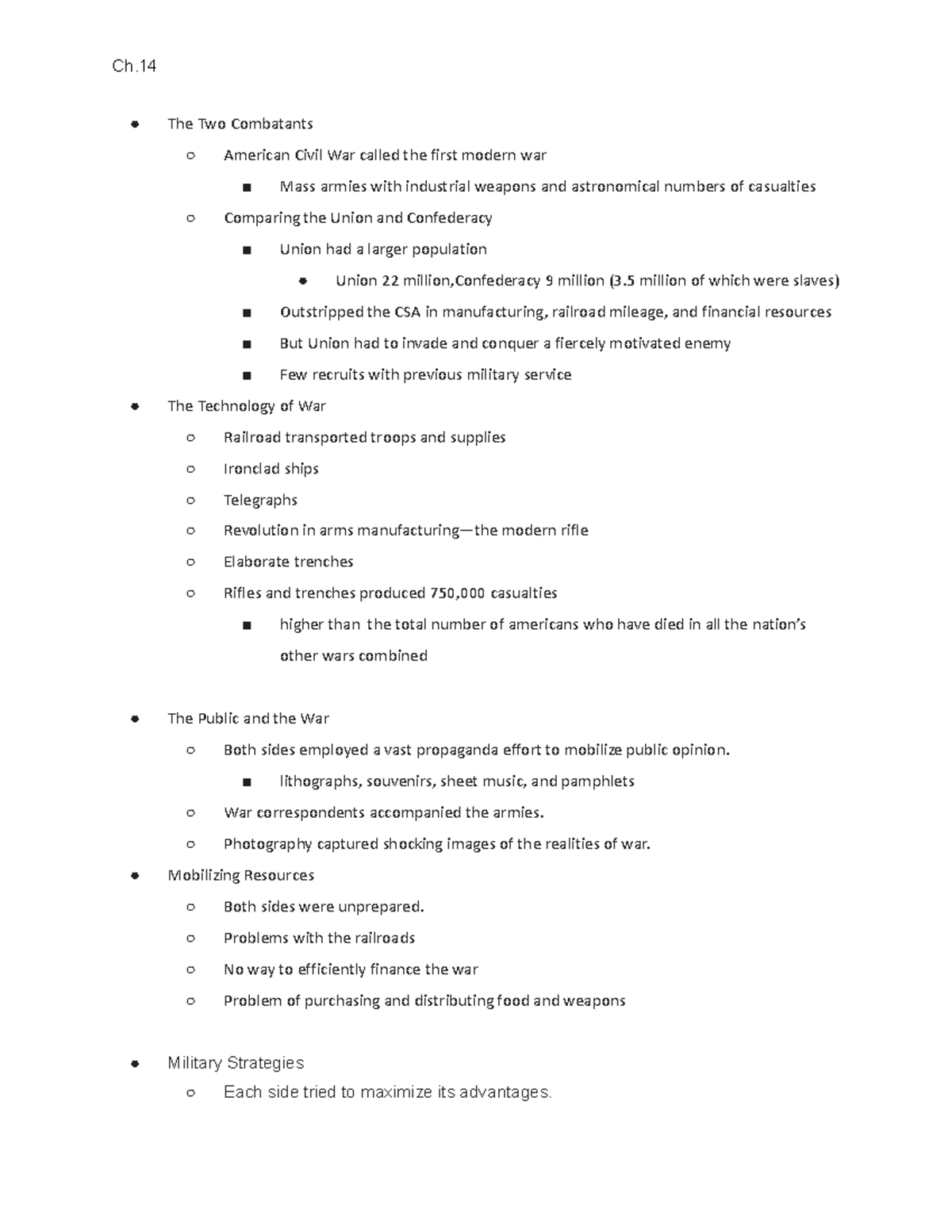 Ch.14 notes from the class - The Two Combatants American Civil War ...