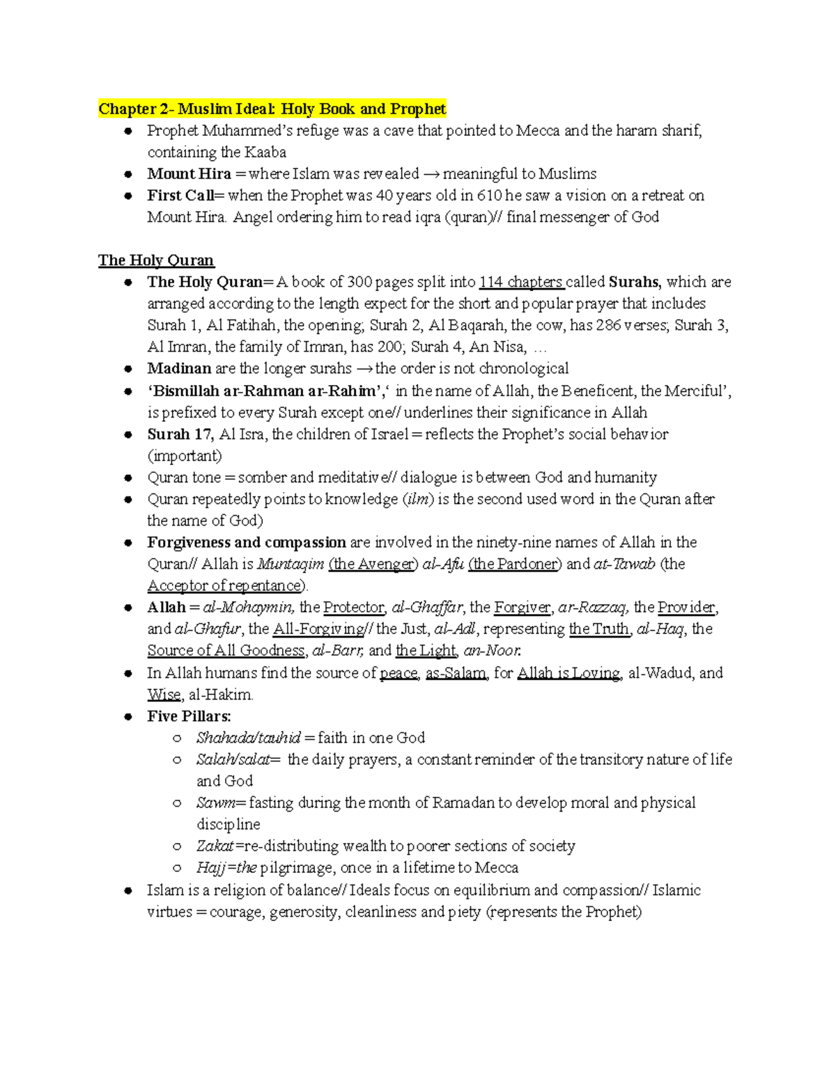 Islam Notes from Readings - Chapter 2- Muslim Ideal: Holy Book and ...