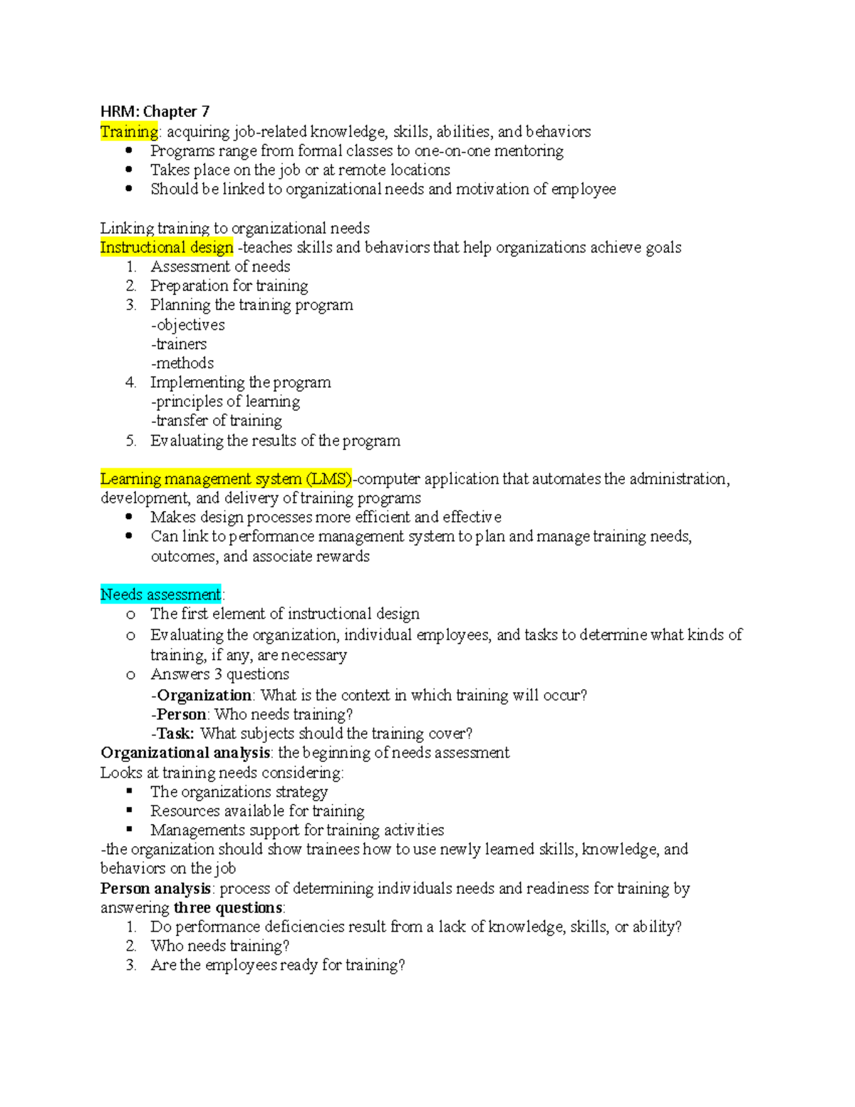 HRM chapter 7 notes - Dr. Smith class - HRM: Chapter 7 Training ...