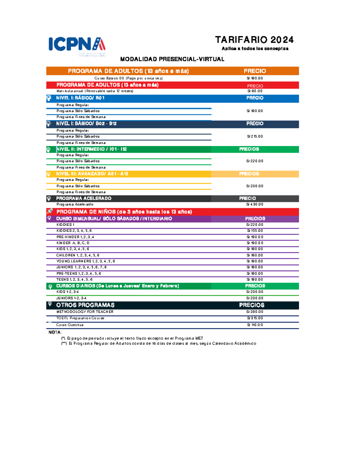 Tarifario 2024 v1 - Ajakskaa - TARIFARIO 2024 Aplica a todos los conceptos PROGRAMA DE ADULTOS ...