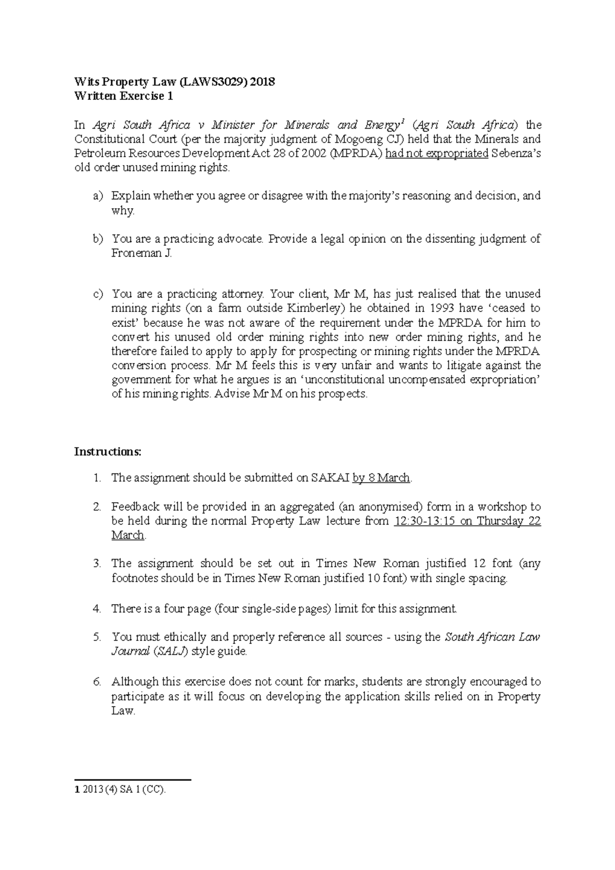 Wits Property Law written exercise 1 Agri SA - Wits Property Law ...
