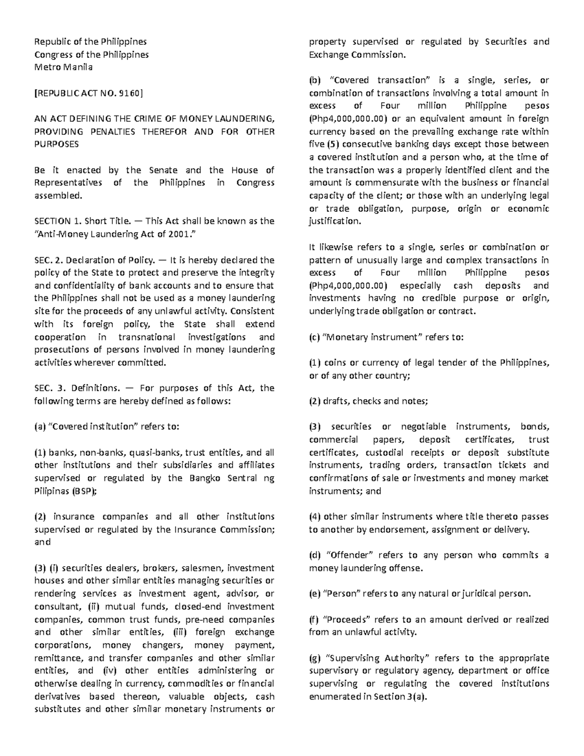 AMLA - Anti-Money Laundering Act - Republic of the Philippines Congress ...