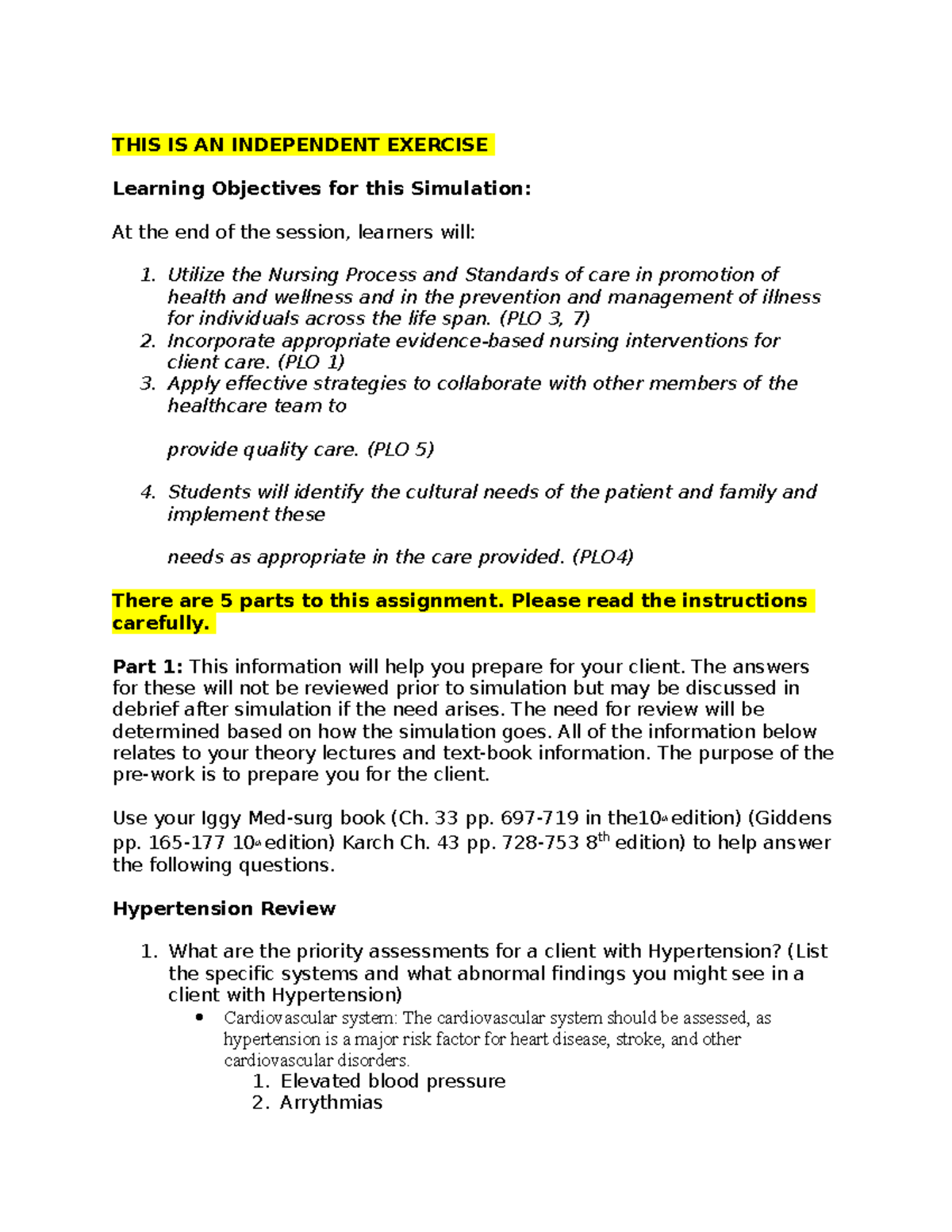 Sim Prep exercise - THIS IS AN INDEPENDENT EXERCISE Learning Objectives ...
