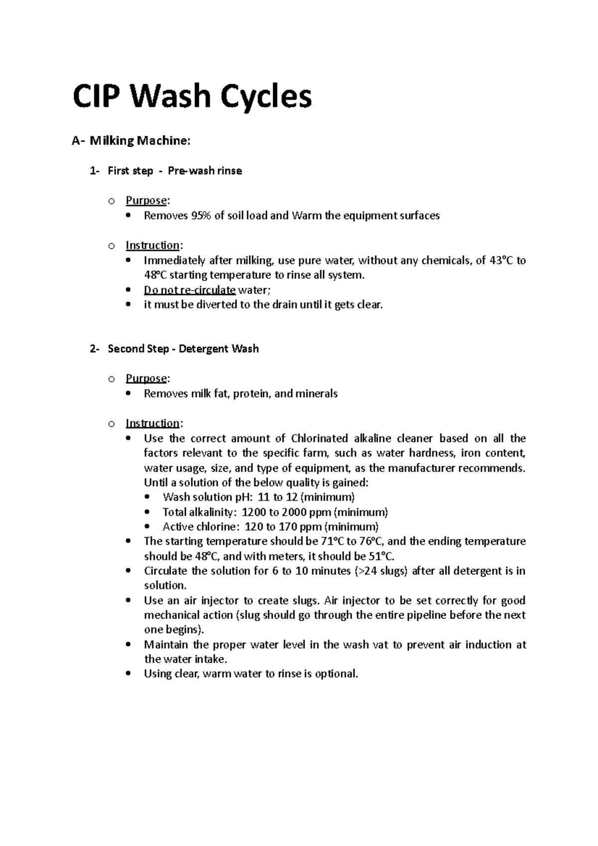 CIP Guidlines - no jojpp;k - CIP Wash Cycles A- Milking Machine: 1 ...