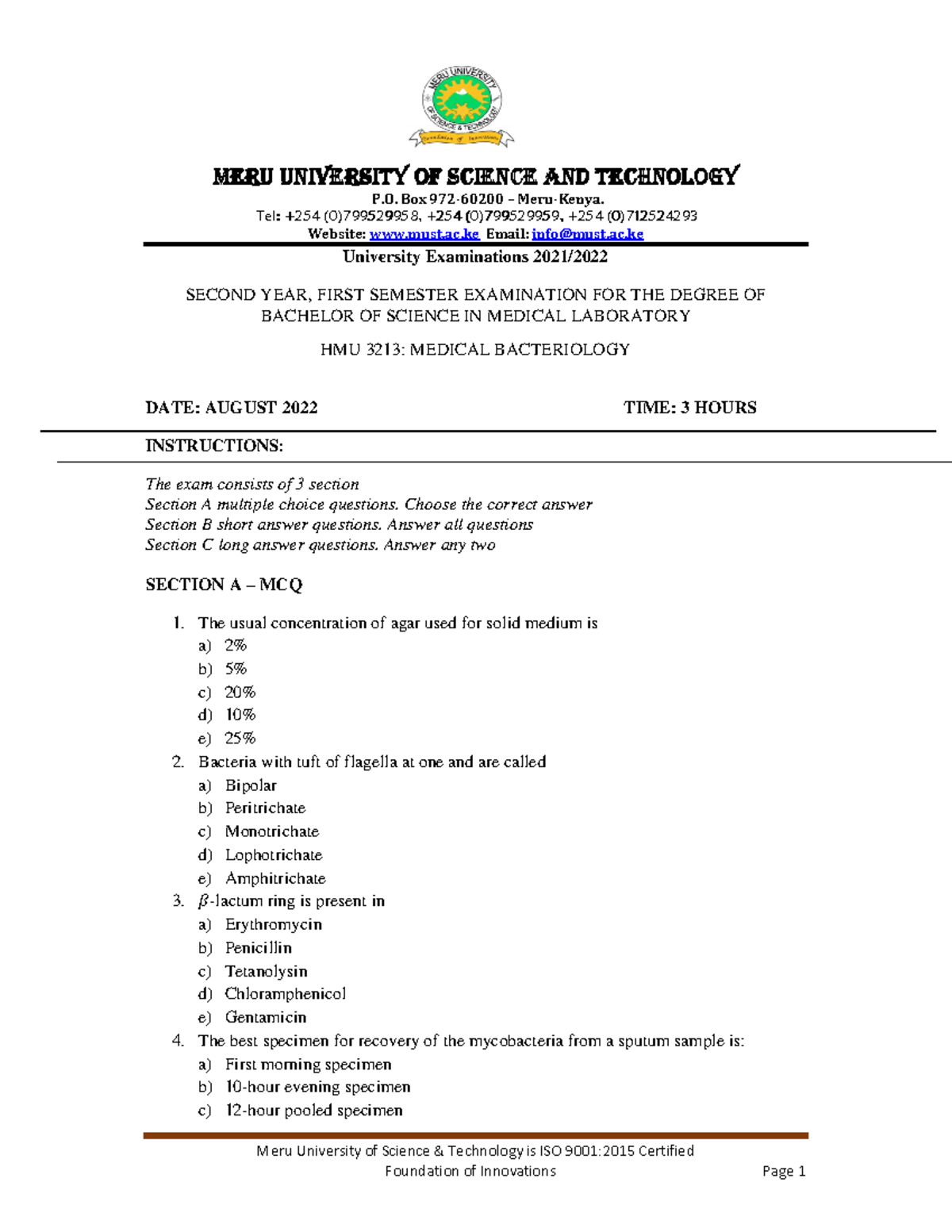 HMU 3213 Medical Bacteriology II - Meru University of Science ...