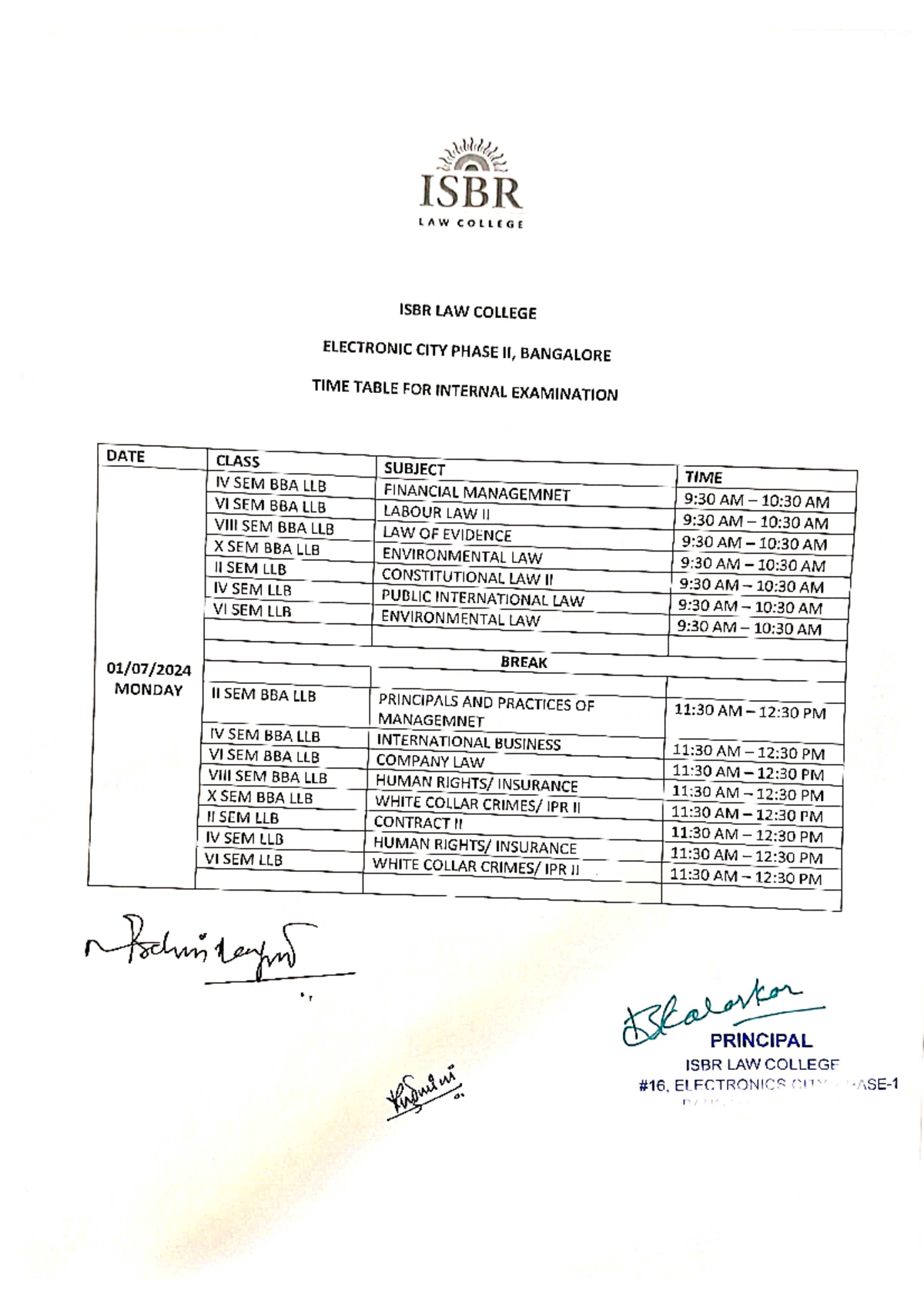 Time Table Internal Examination 2024 - ISBR LAW COLLEGE ISBR LAW ...