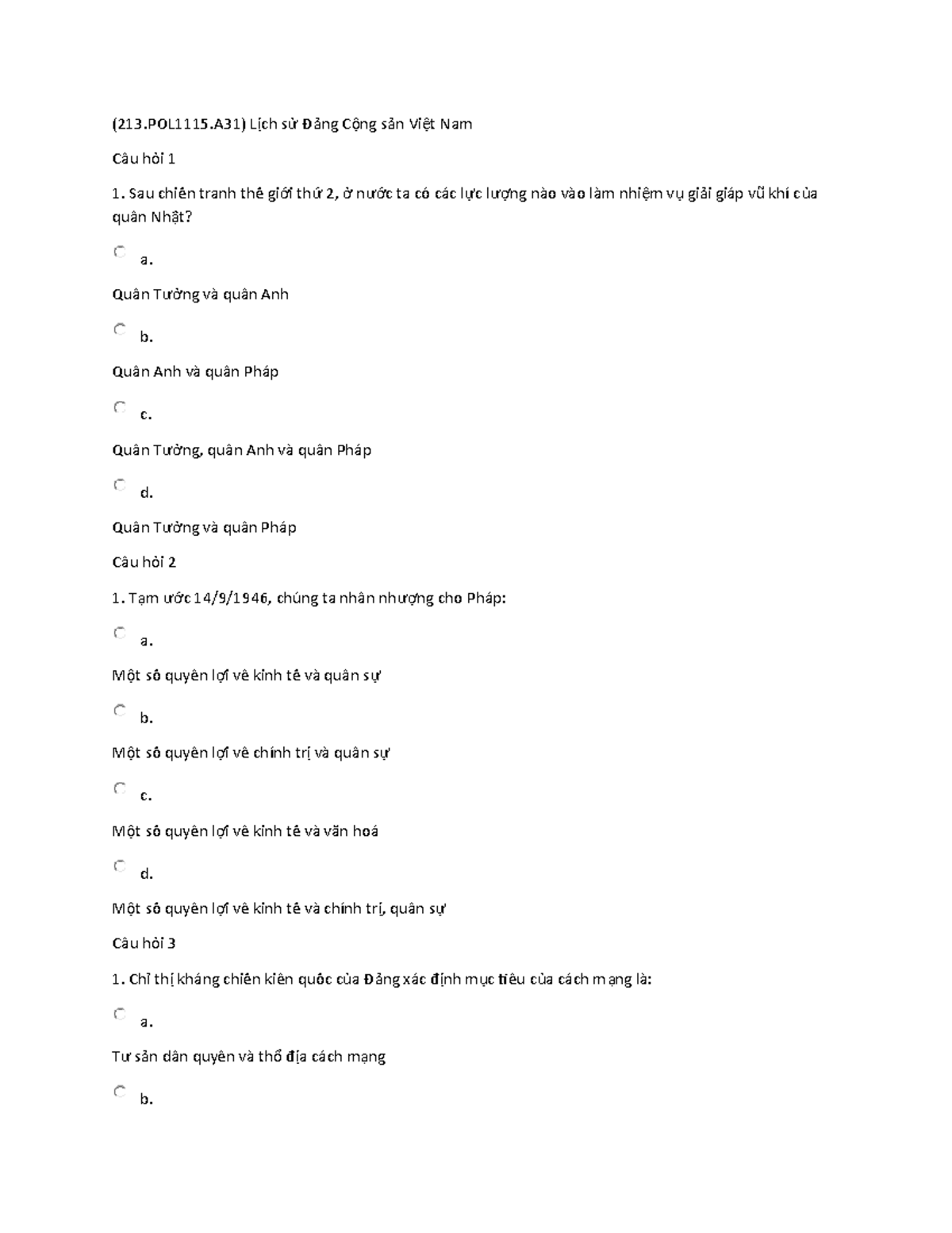 Lsdcsvn - (213.POL1115) L ch s Đ ng C ng s n Vi t Namịửảộảệ Câu h iỏ 1 Sau chiếến tranh thếế gi ...