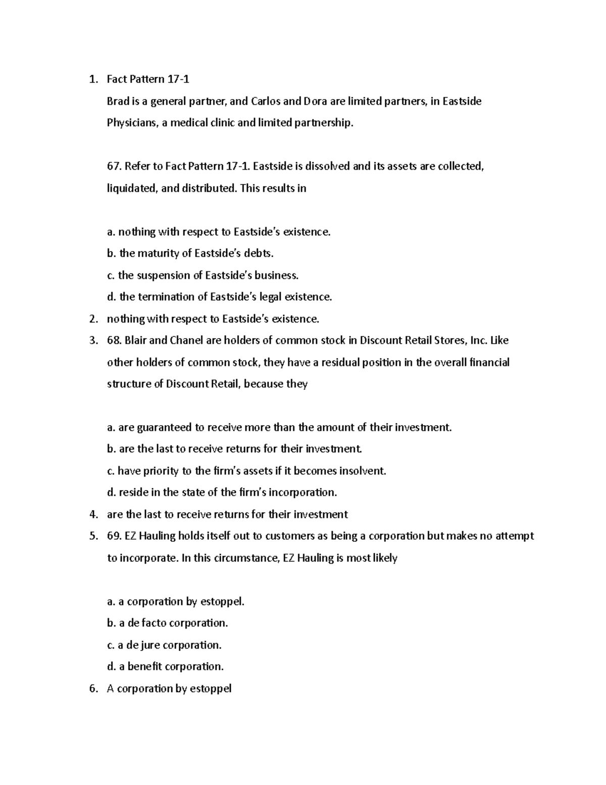 Bus101 19 - Weekly checkpoint quiz from week 19. - Fact Pattern 17 ...