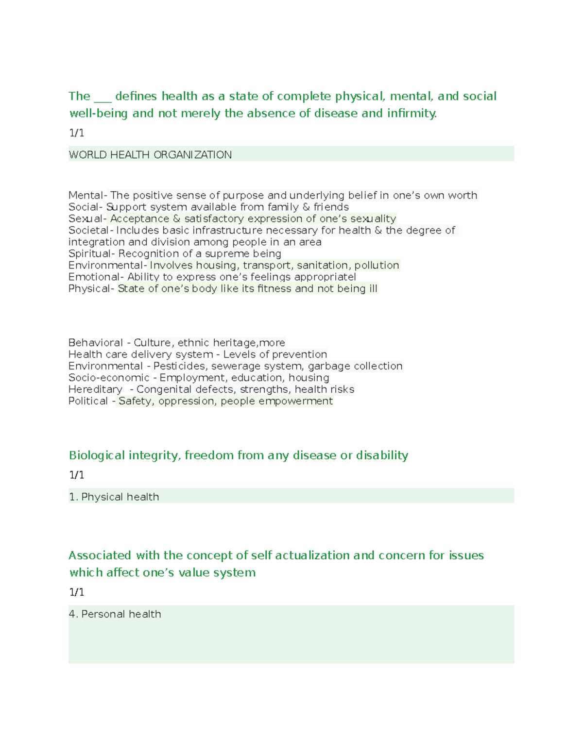 Answer KEY Health Education - The ___ defines health as a state of ...