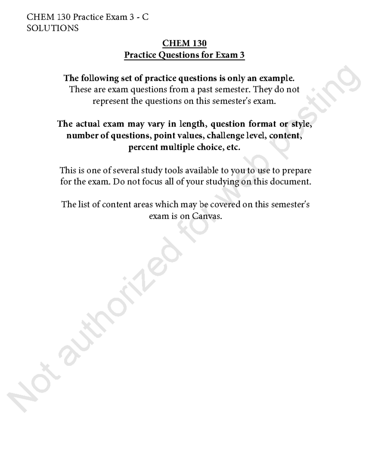 CHEM 130 Practice Exam 3C key - Not authorized for web posting CHEM 130 Practice Questions for ...