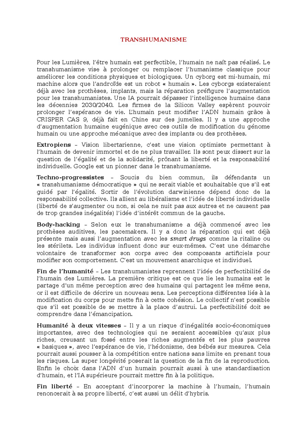 Transhumanisme - TRANSHUMANISME Pour les Lumières, l’être humain est ...