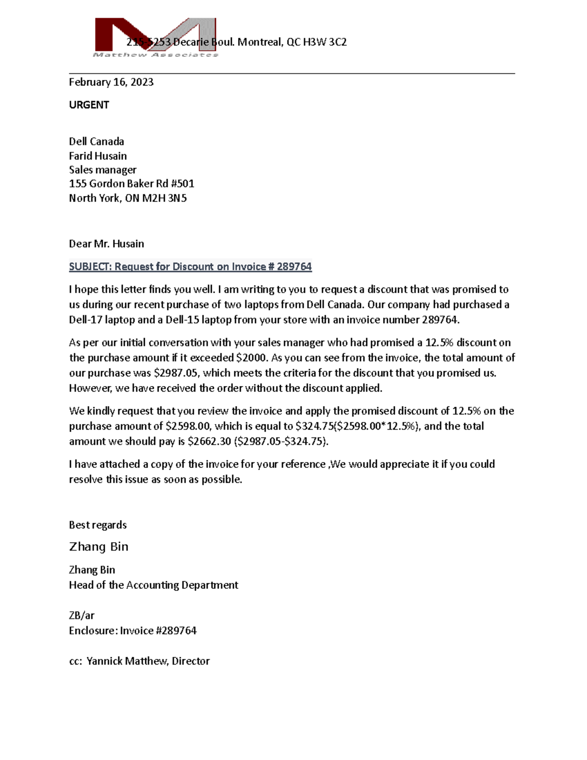 Discount letter example - 215-5253 Decarie Boul. Montreal, QC H3W 3C ...