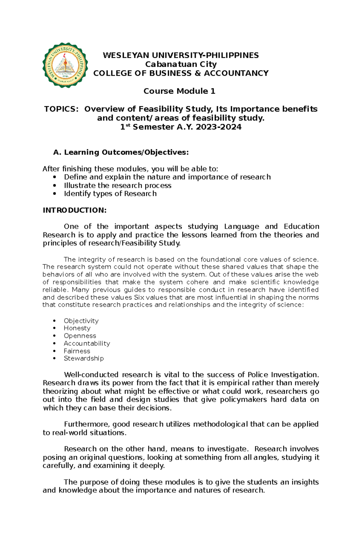 Course Module 1 Feasibility Study - WESLEYAN UNIVERSITY-PHILIPPINES ...