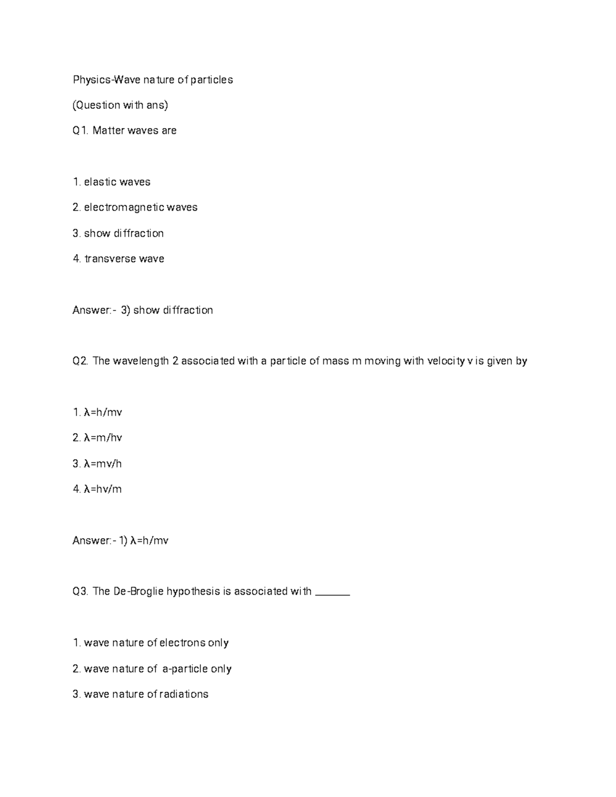 Test-3(Physics-Wave nature of particles) - Physics-Wave nature of ...