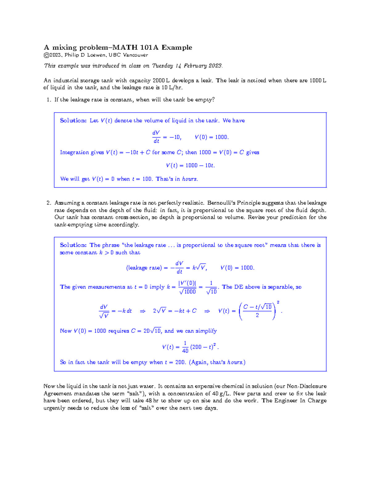 Mixing - practice qs - A mixing problem–MATH 101A Example ©2023, Philip ...