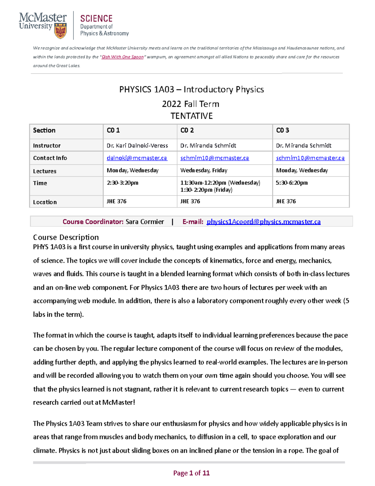 Physics-1A03 Outline - We recognize and acknowledge that McMaster ...