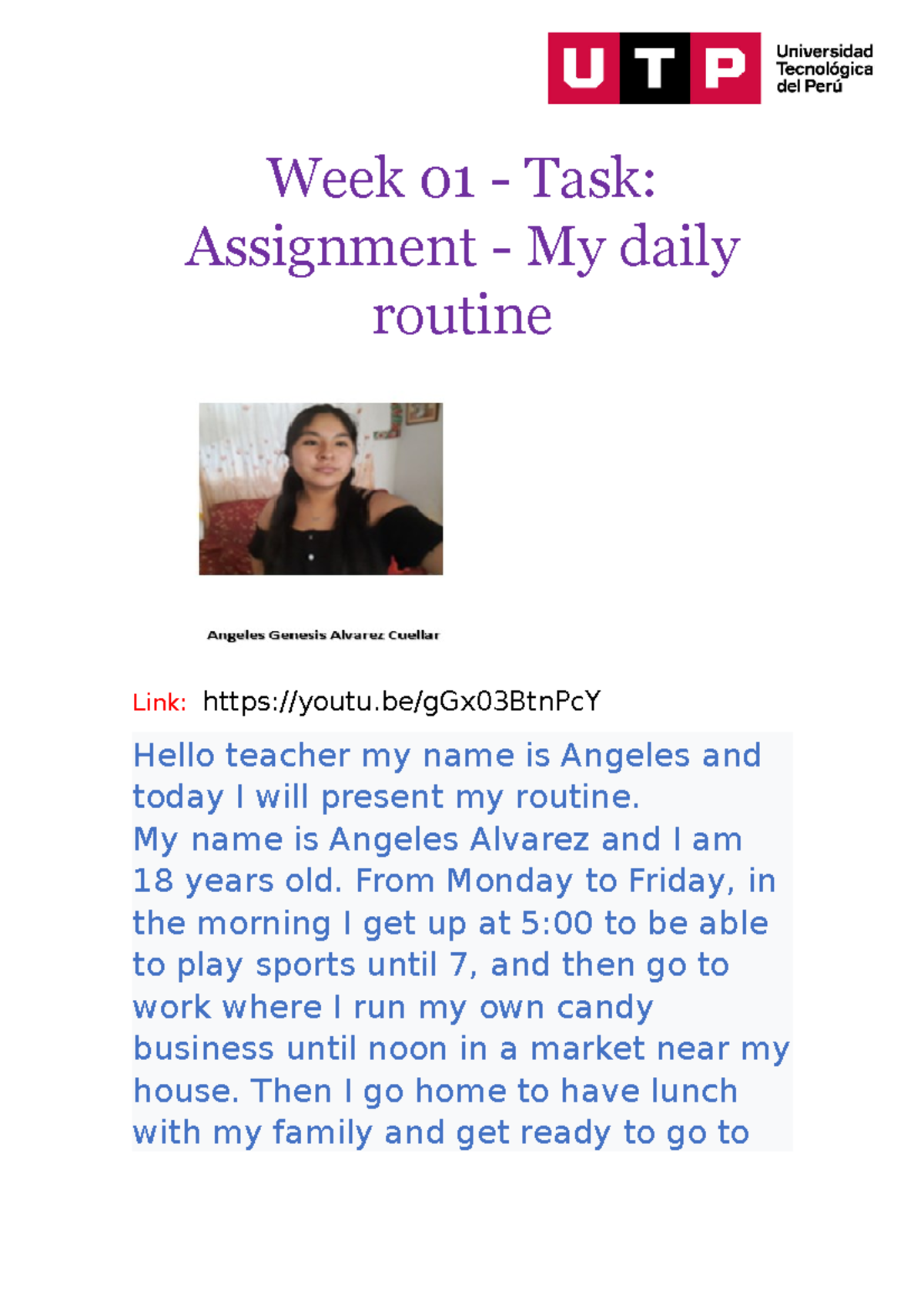Alvarez Week 01 Task Assignment My Daily Routine Week 01 Task Assignment My Daily