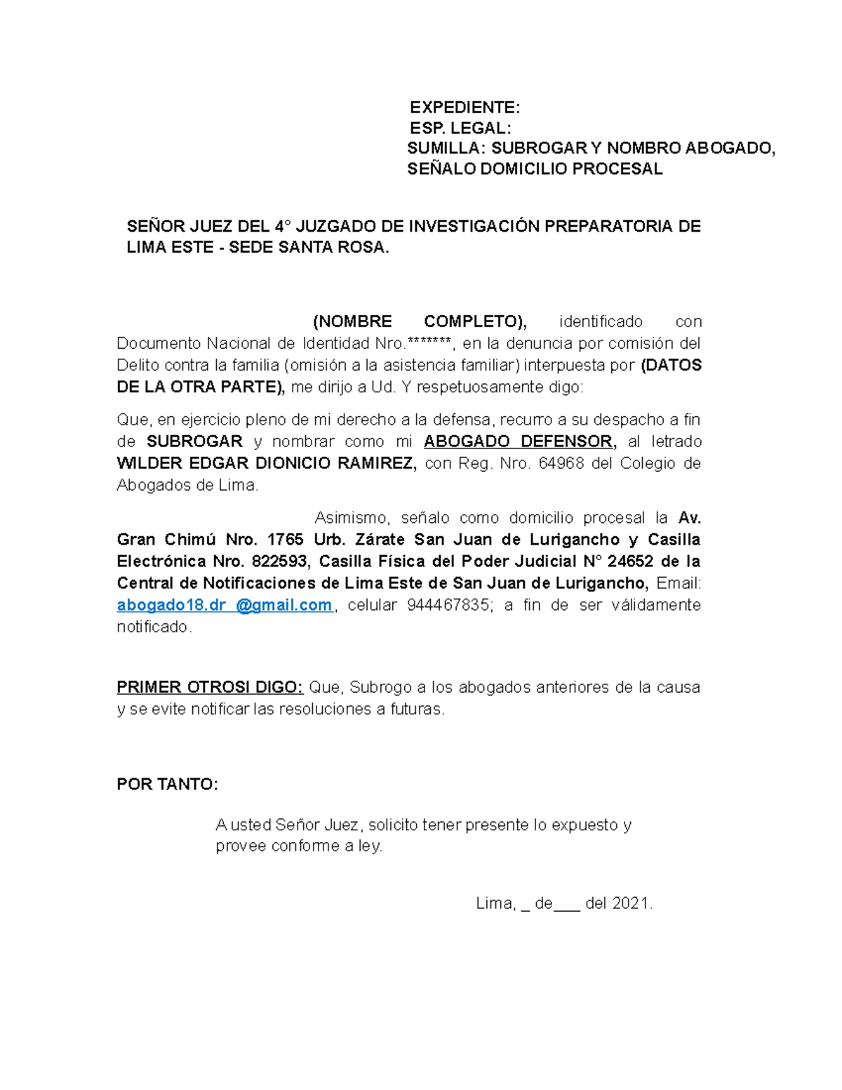 Subrogar Modelo 2 - Apuntes 3 - EXPEDIENTE: ESP. LEGAL: SUMILLA ...