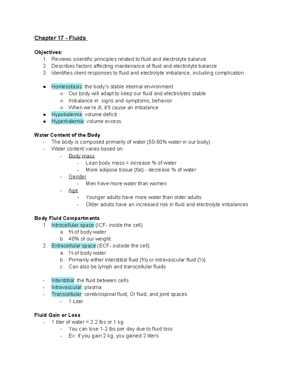 NUR 206 Fluids - Bridgewater - Chapter 17 - Fluids Objectives: 1 ...