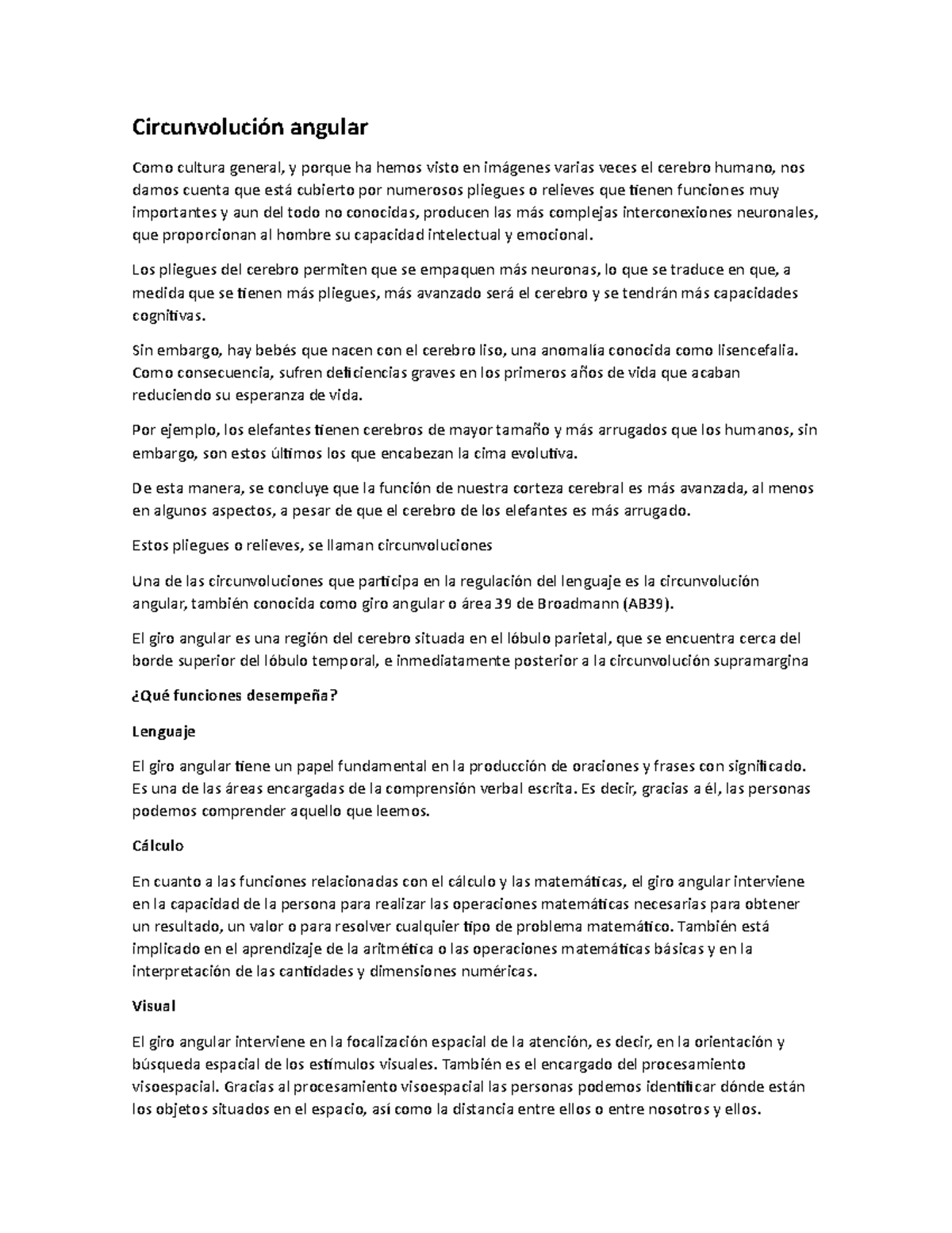 Circunvolución o giro angular (área 39 de Brodmann) - Circunvolución ...