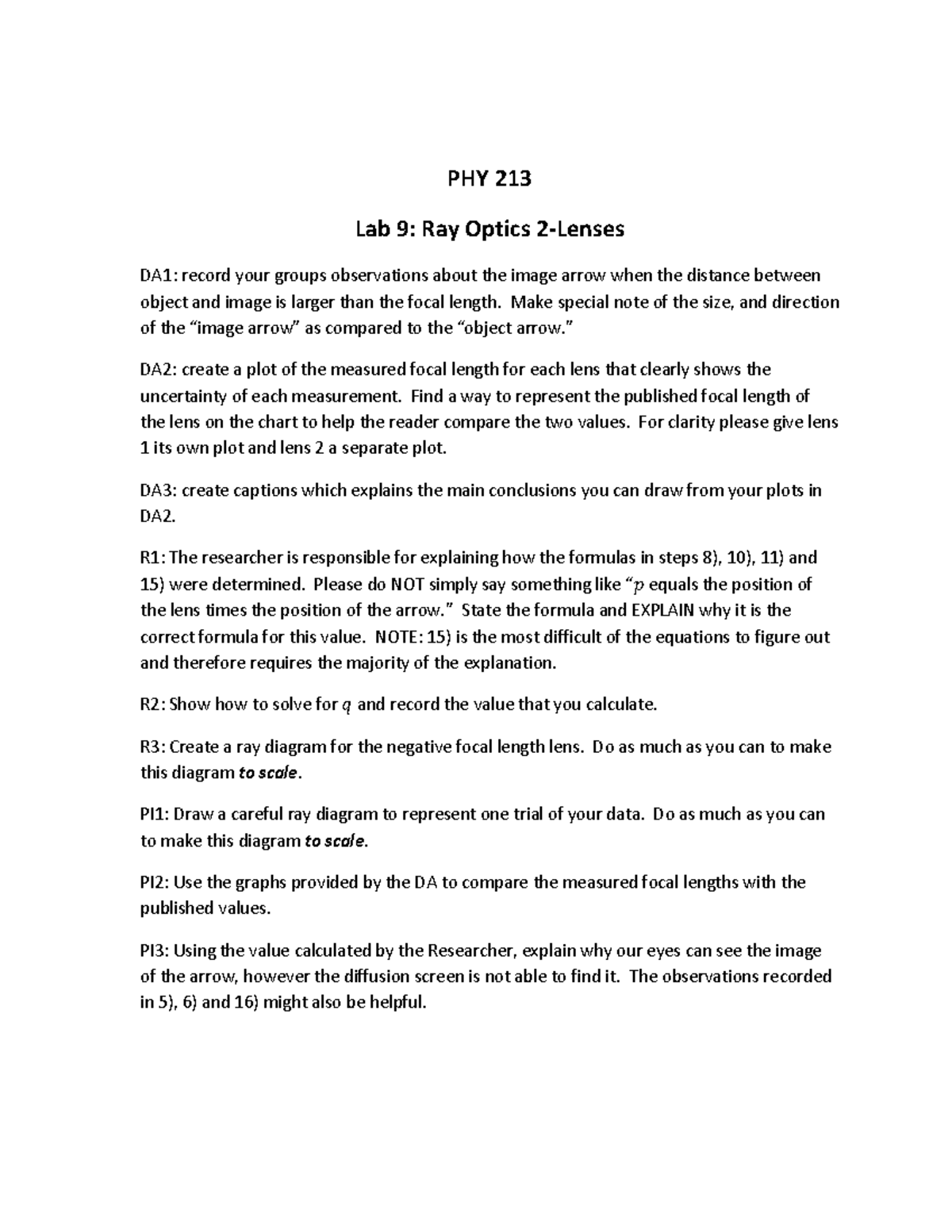 PHY 213 Ray Optics 2 Lenses Worksheet - PHY 2 13 Lab 9 : Ray Optics 2 - Lenses DA 1 : record ...