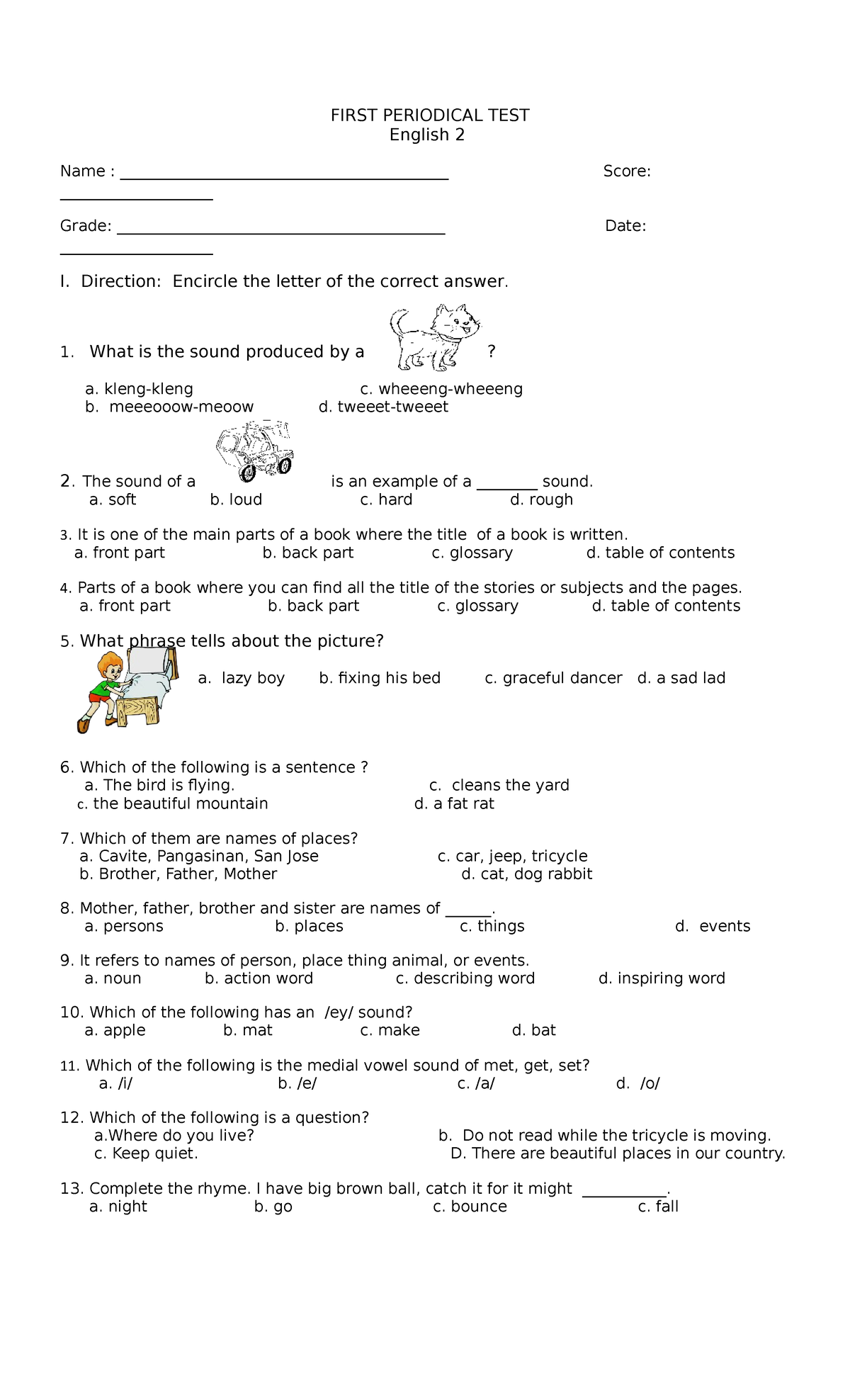 PT English 2 Q1 - test sample - FIRST PERIODICAL TEST English 2 Name ...