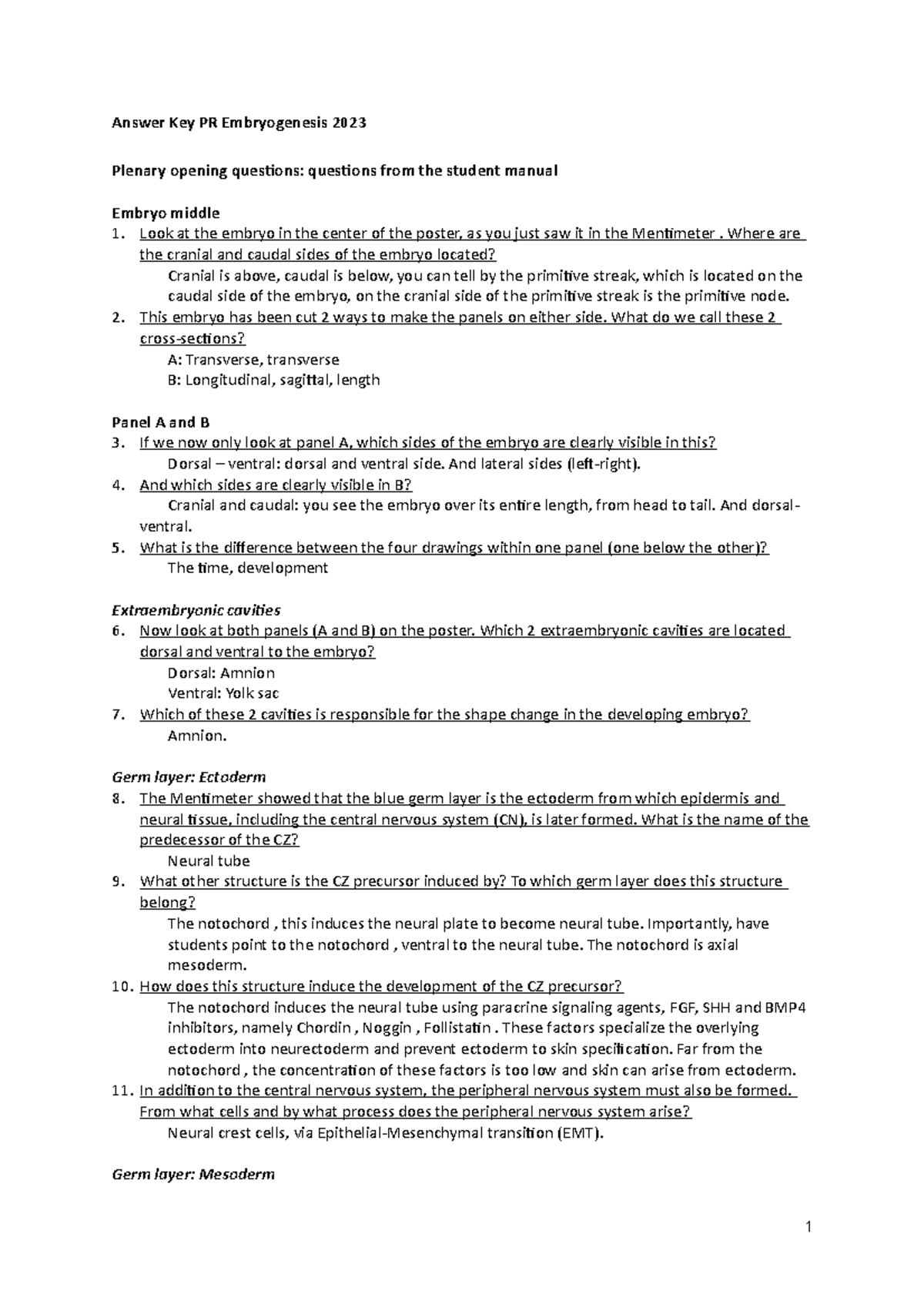 Answer key PR embryogenesis - Where are the cranial and caudal sides of ...