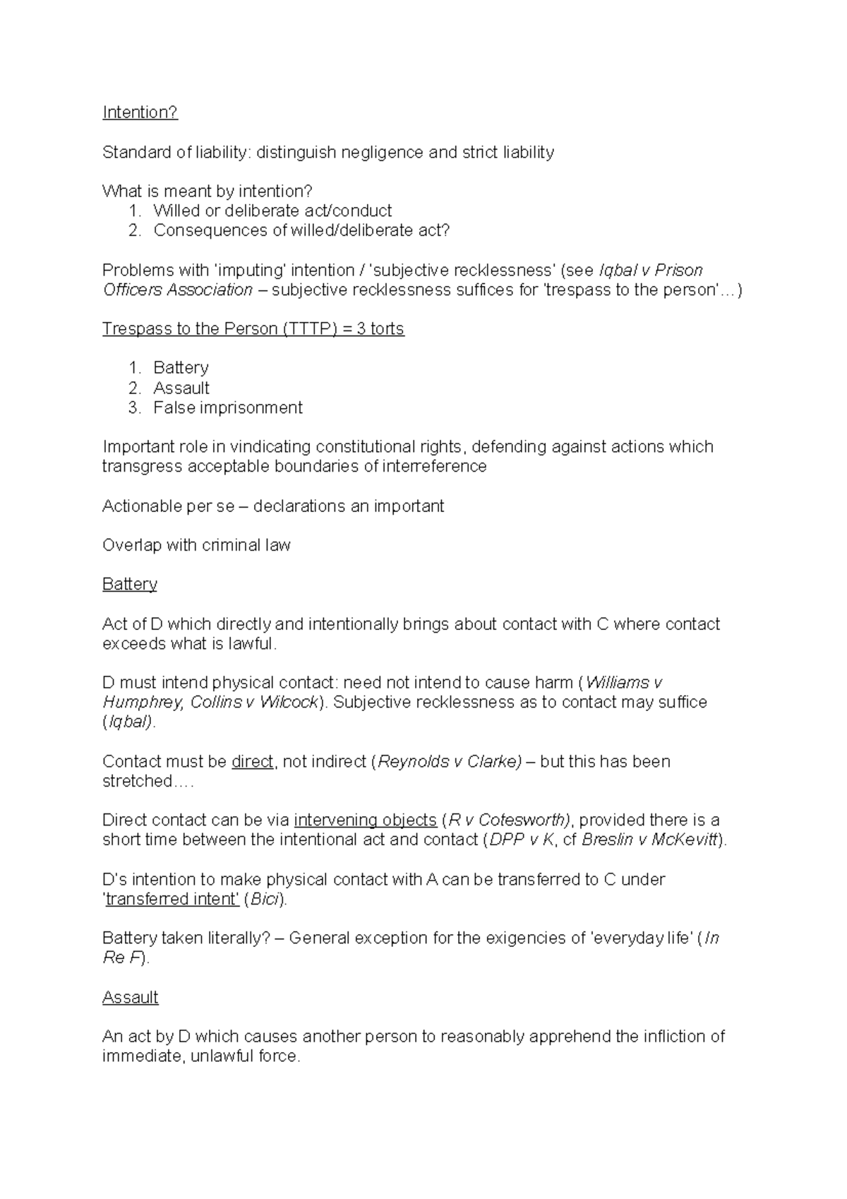 Torts 1 - feijrvcsxiz - Intention? Standard of liability: distinguish ...
