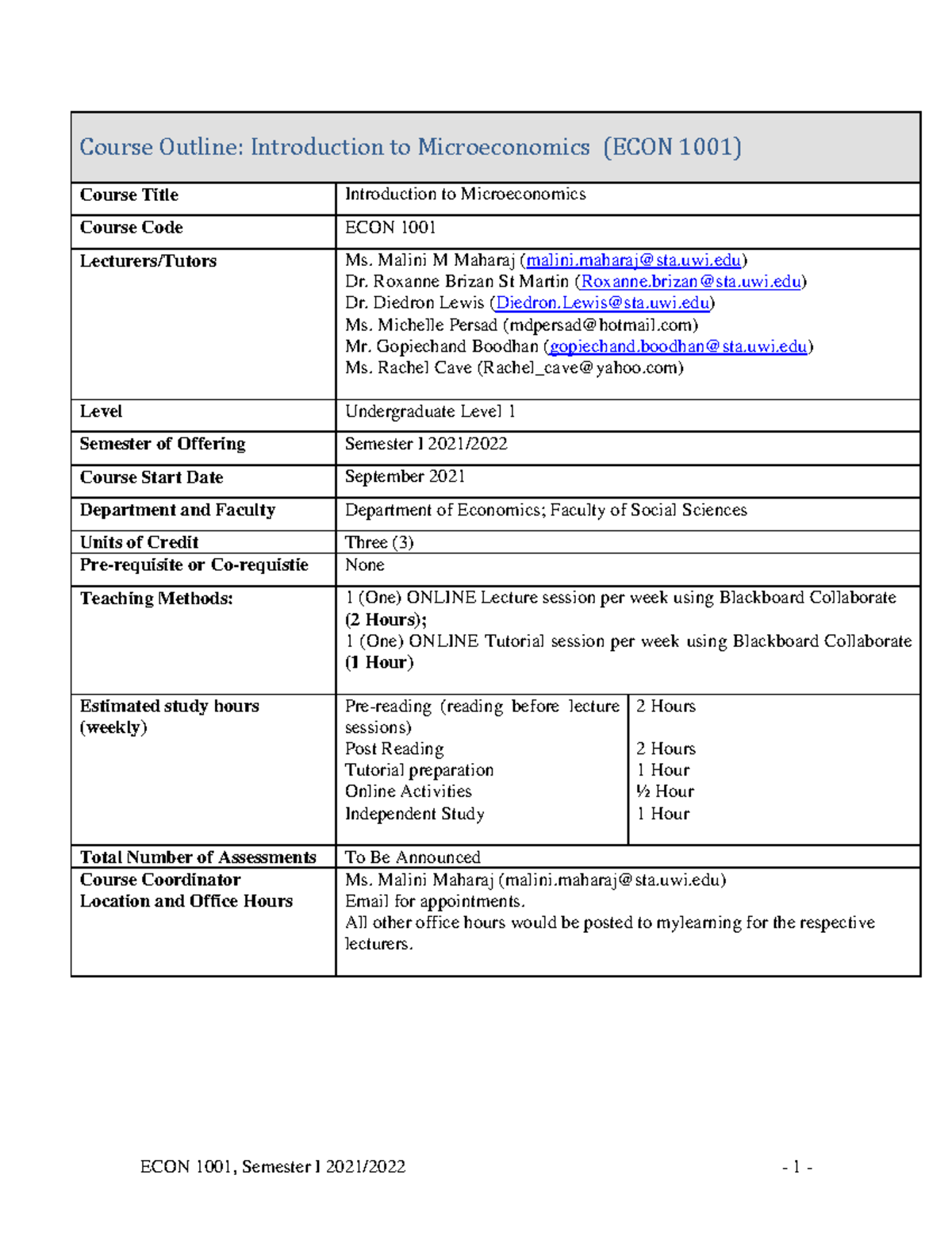ECON 1001 Sem I Course Outline 2020 21 - Course Outline: Introduction ...