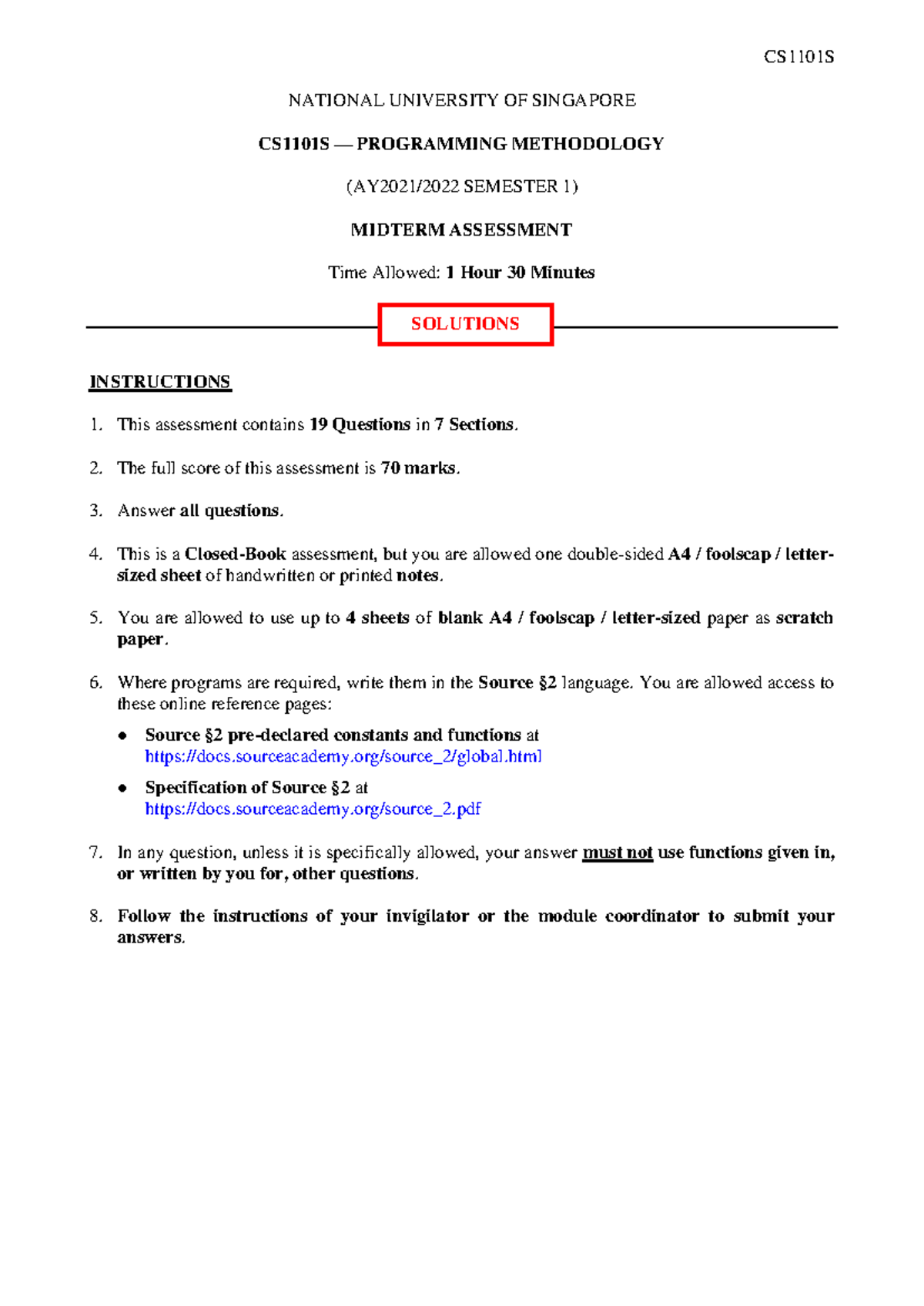 Midterm 21/22sem1 solution - NATIONAL UNIVERSITY OF SINGAPORE CS1101S — PROGRAMMING METHODOLOGY ...