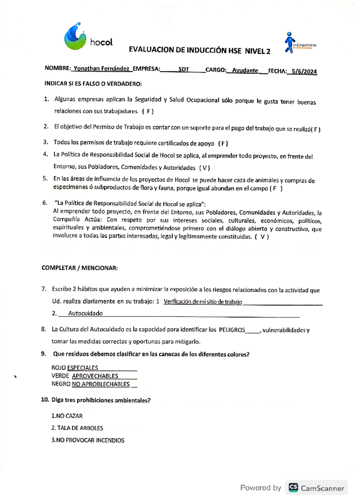 Evaluación de inducción HSE - hocol Un Compotatiento EVALUACION DE INDUCCIÓN HSE NIVEL 2 NOMBRE ...