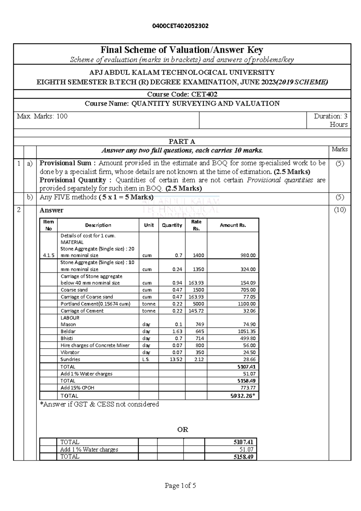 CET402- Scheme - Final Scheme of Valuation/Answer Key Scheme of evaluation (marks in brackets ...