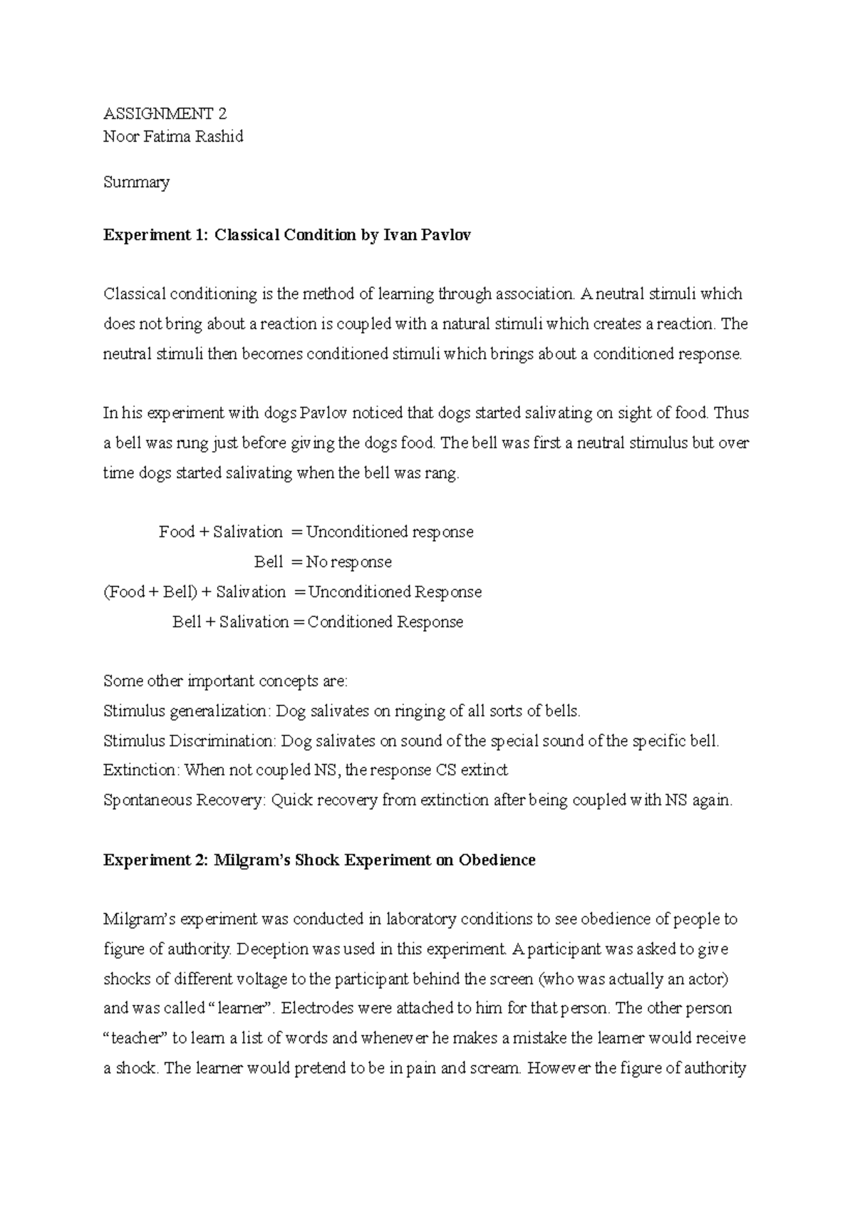 Assignment 2, Experimental Psychology - ASSIGNMENT 2 Noor Fatima Rashid Summary Experiment 1 ...