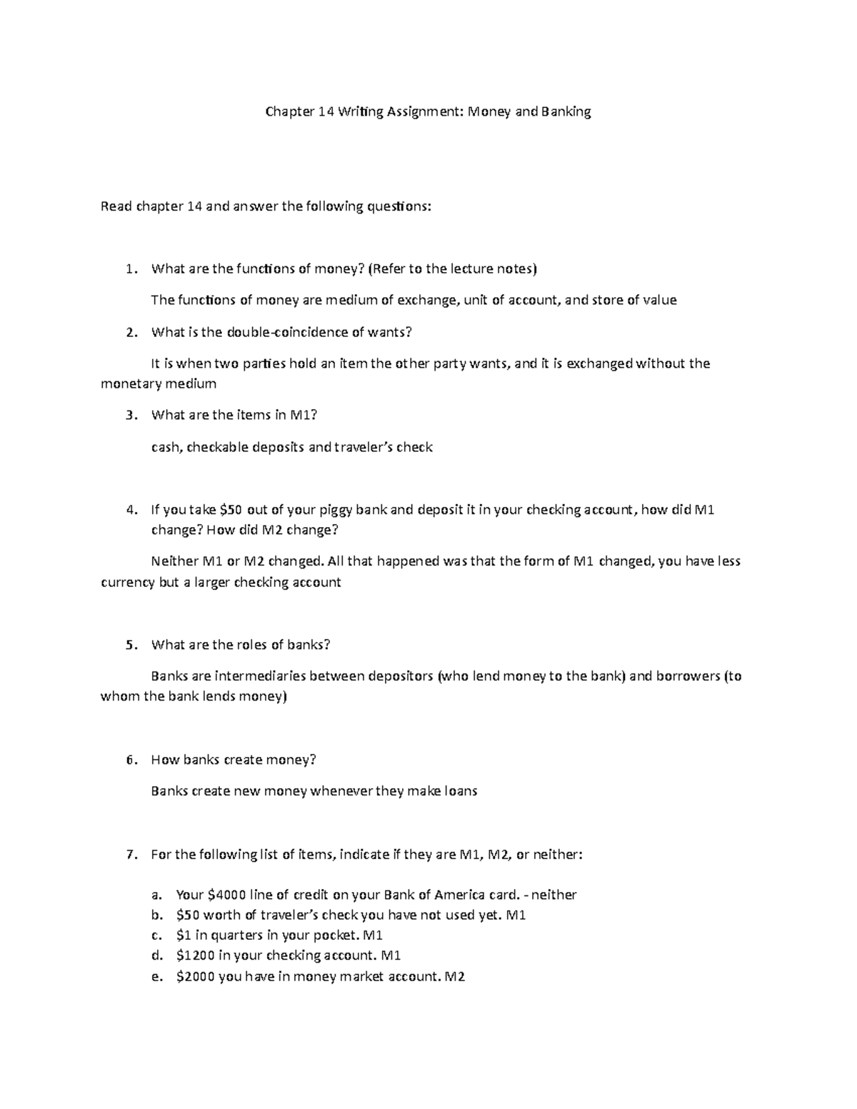 Week 13 assignment youming - Chapter 14 Writing Assignment: Money and Banking Read chapter 14 ...