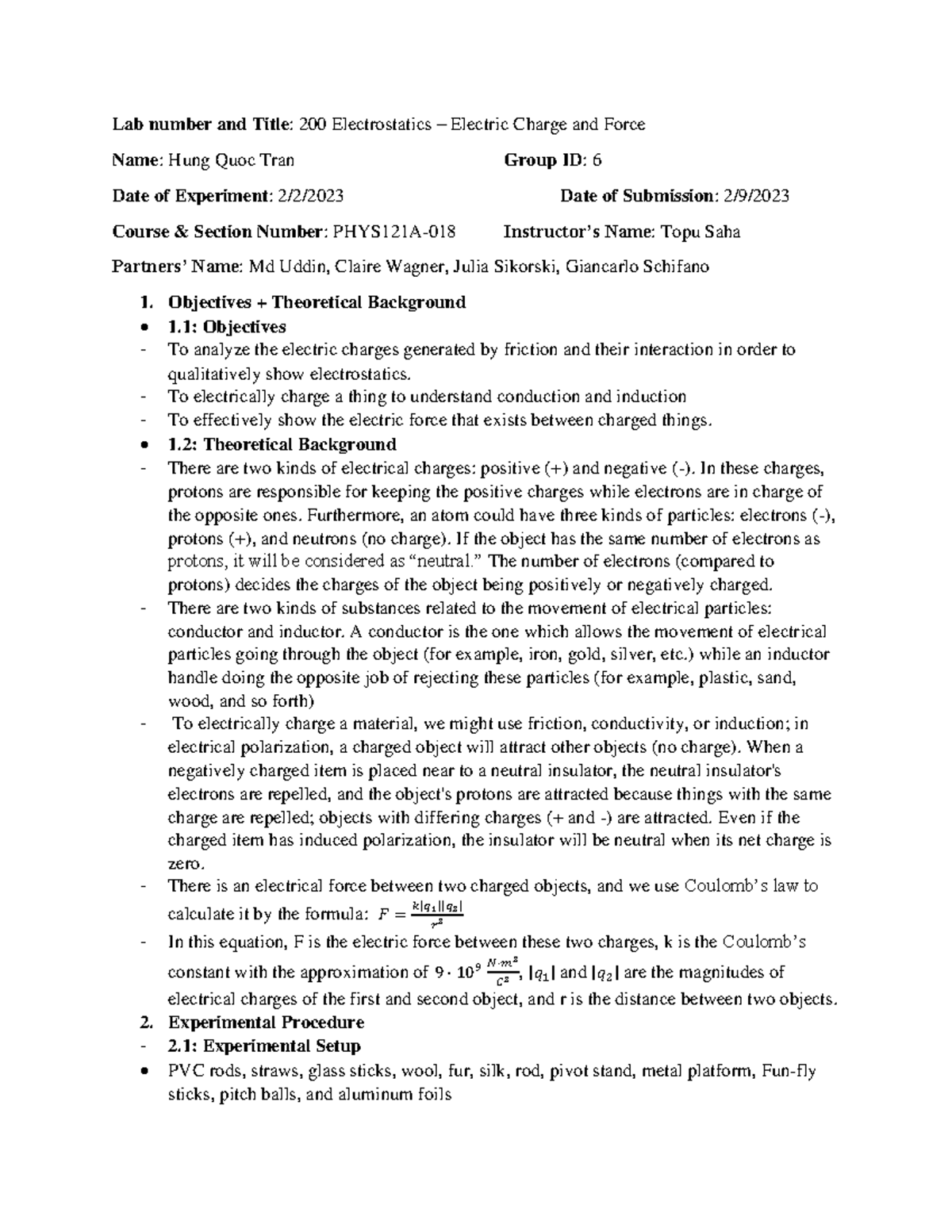 Lab 200 - oooooo - Lab number and Title: 200 Electrostatics – Electric ...