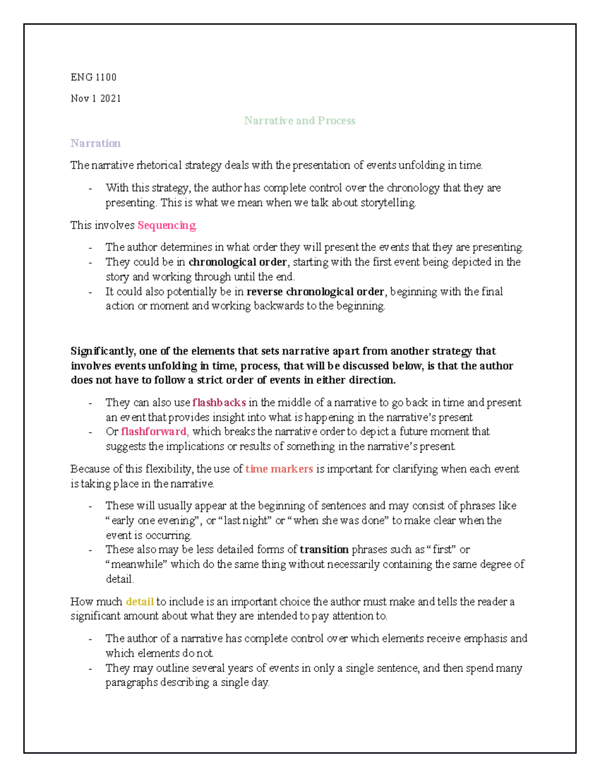 ENG 1100 (narrative and process notes) - ENG 1100 Nov 1 2021 Narrative ...