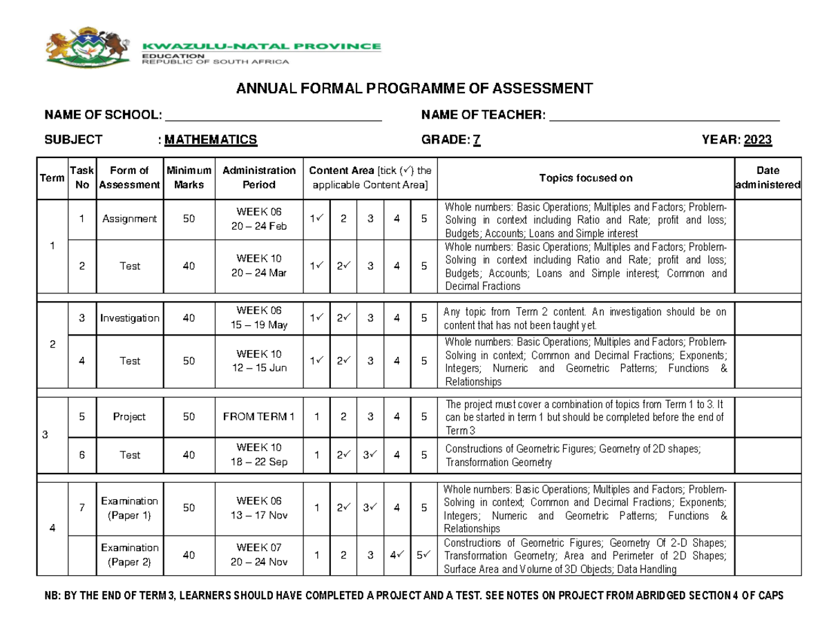 Grade 7 POA 2023 - ANNUAL FORMAL PROGRAMME OF ASSESSMENT NAME OF SCHOOL ...