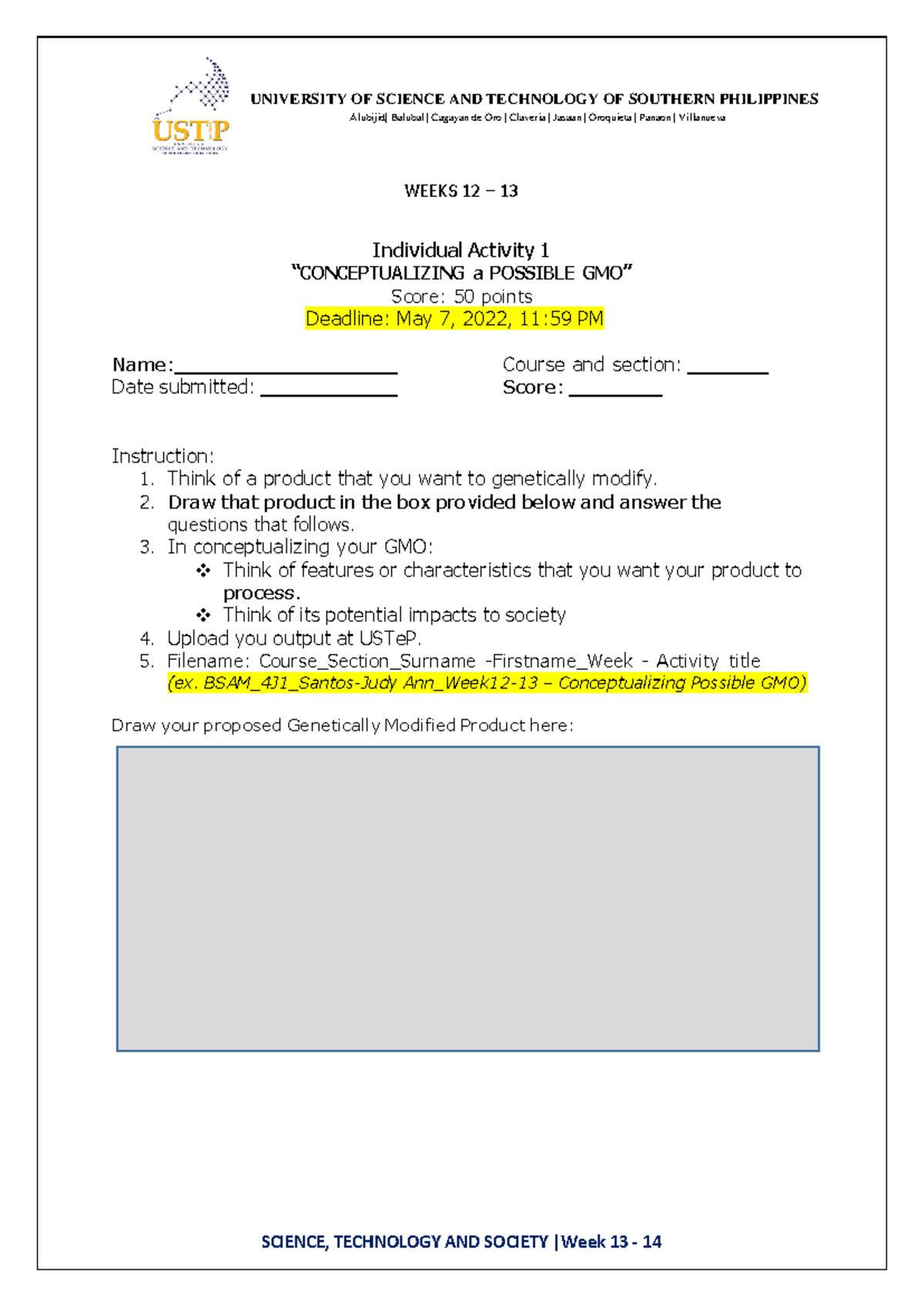 Week 12-13 Individual Activity Conceptualizing a Possible GMO - SCIENCE ...
