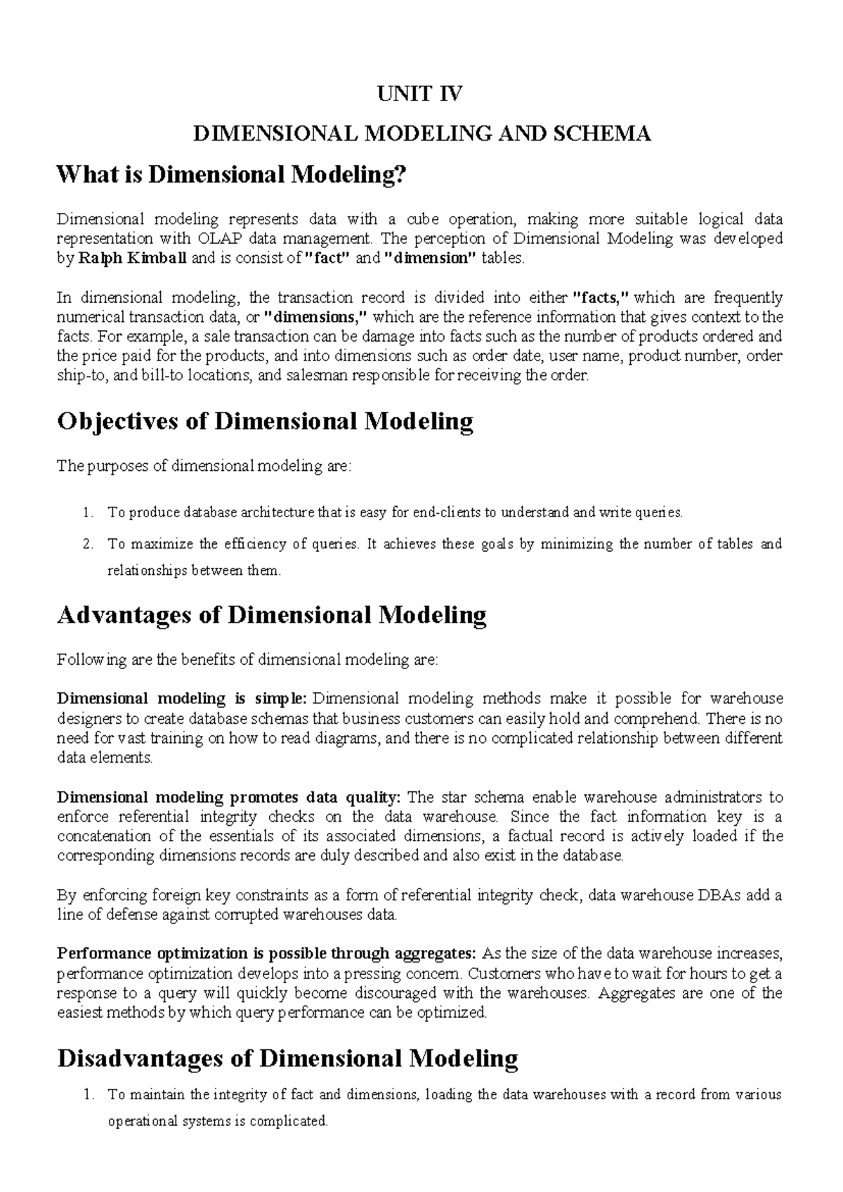 Unit 4 notes - UNIT IV DIMENSIONAL MODELING AND SCHEMA What is ...