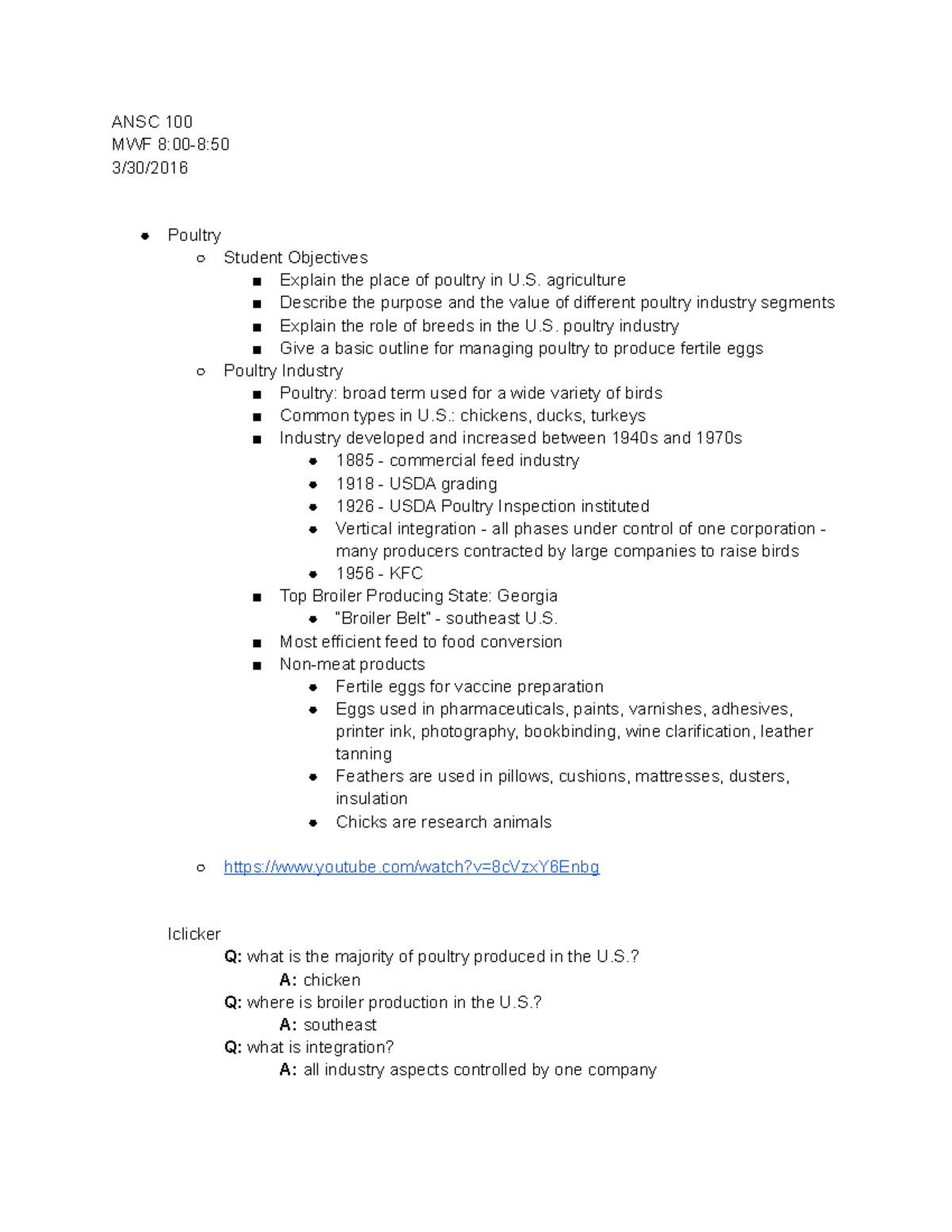 ANSC100_Lecture23 - ANSC 100 MWF 8:00-8:50 3/30/2016 Poultry Student ...