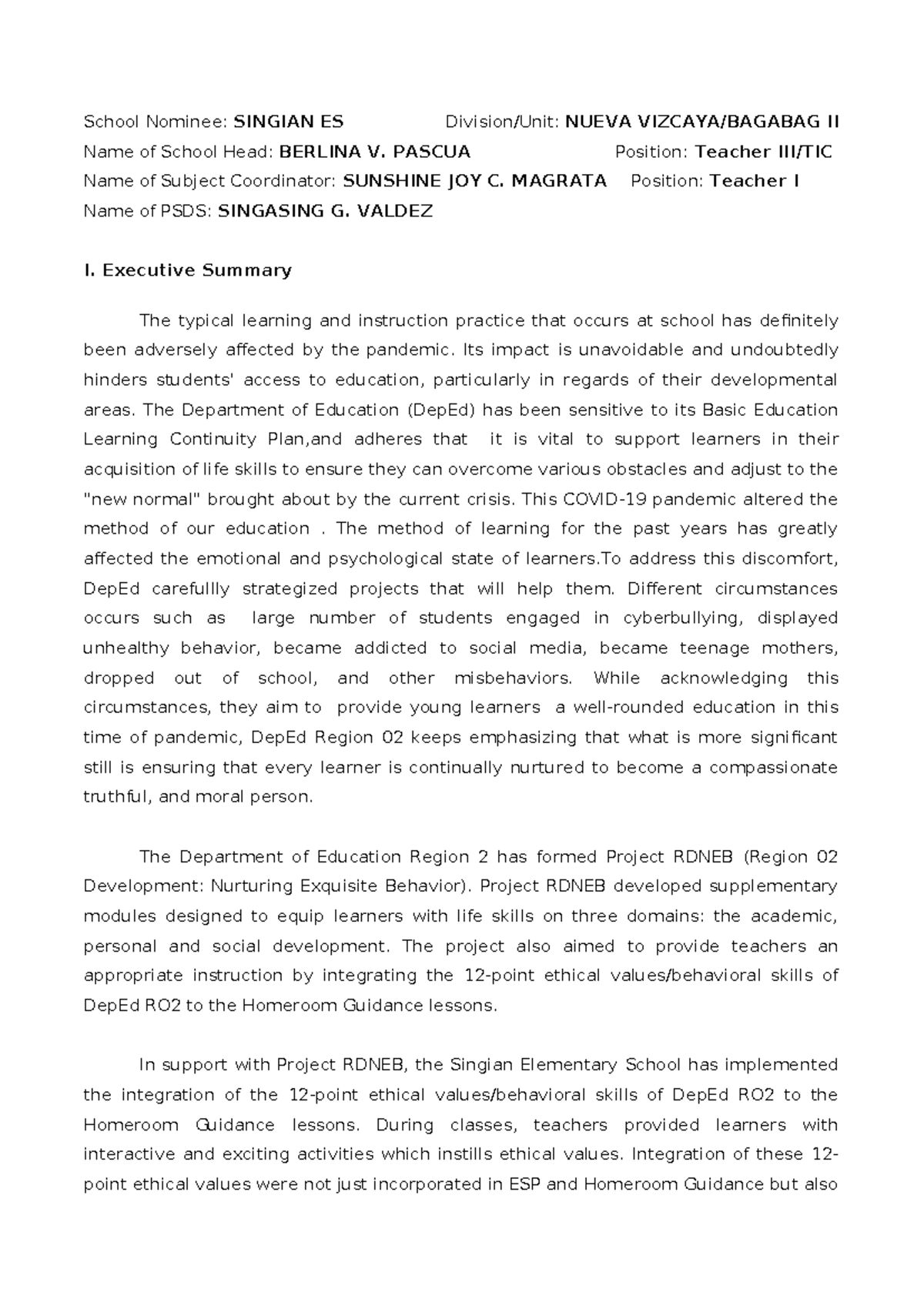 Project Rdelc and Project Rdneb - School Nominee: SINGIAN ES Division ...