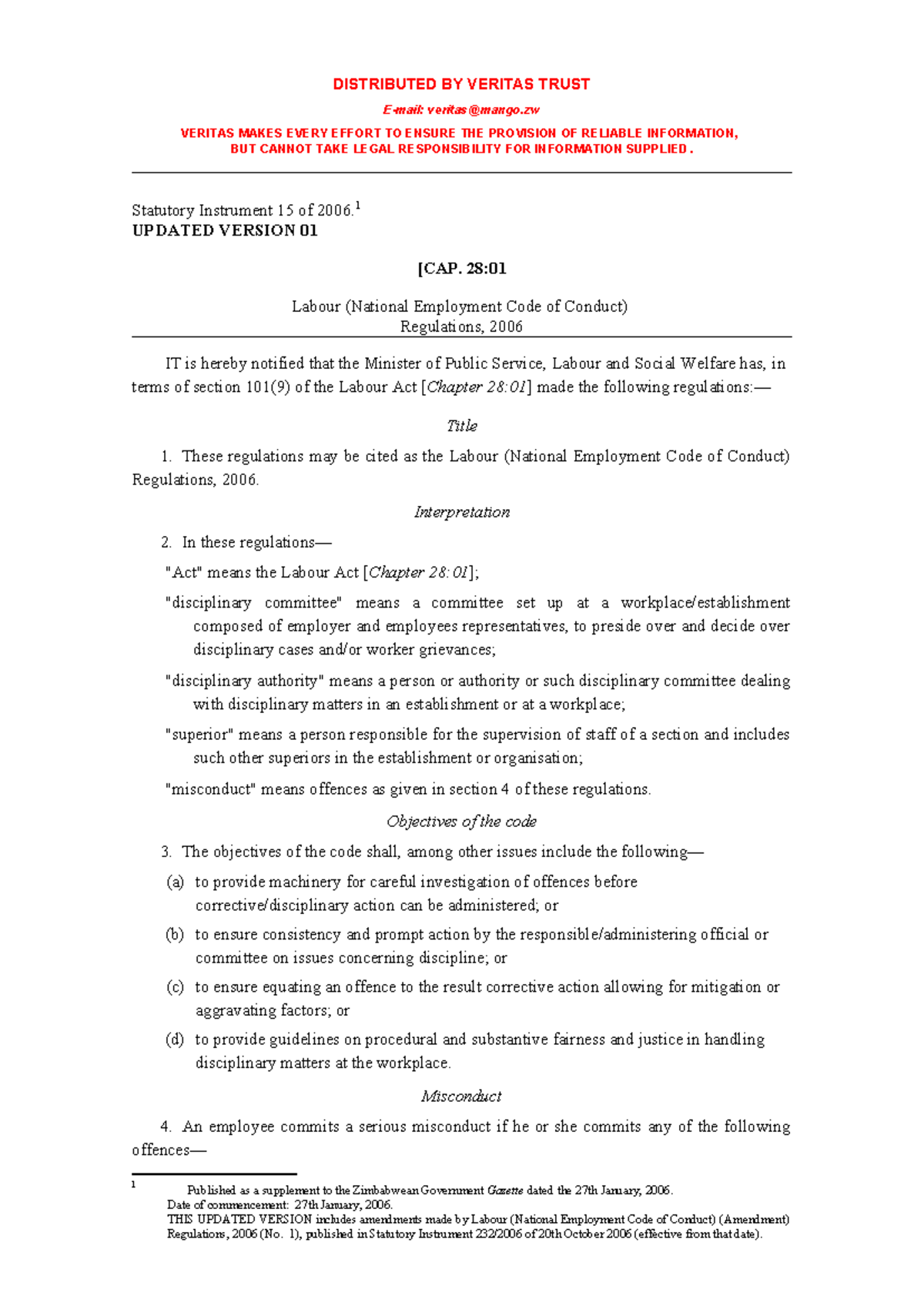 SI 2006-15 - Labour National Employment Code of Conduct Regs 2006 ...
