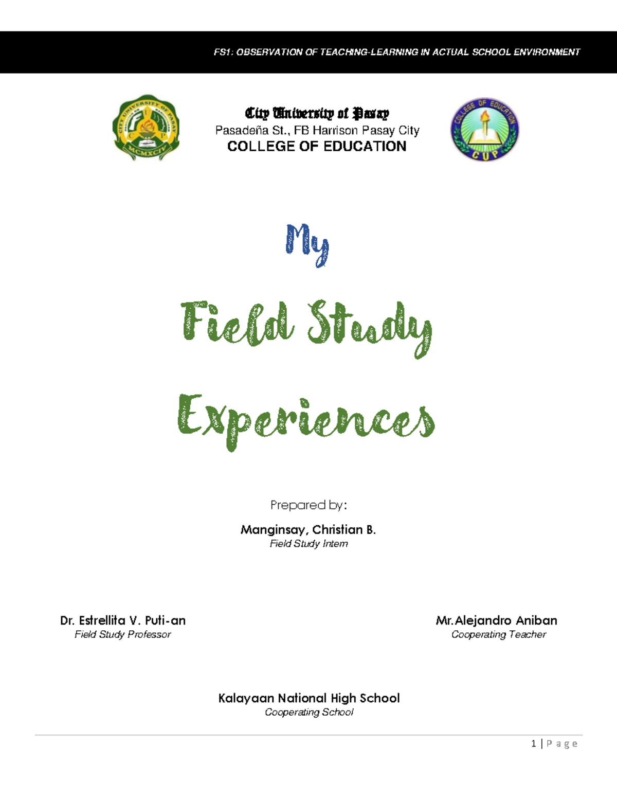 Manginsay-FS PORT - My Field Study Experiences Prepared by: Manginsay ...