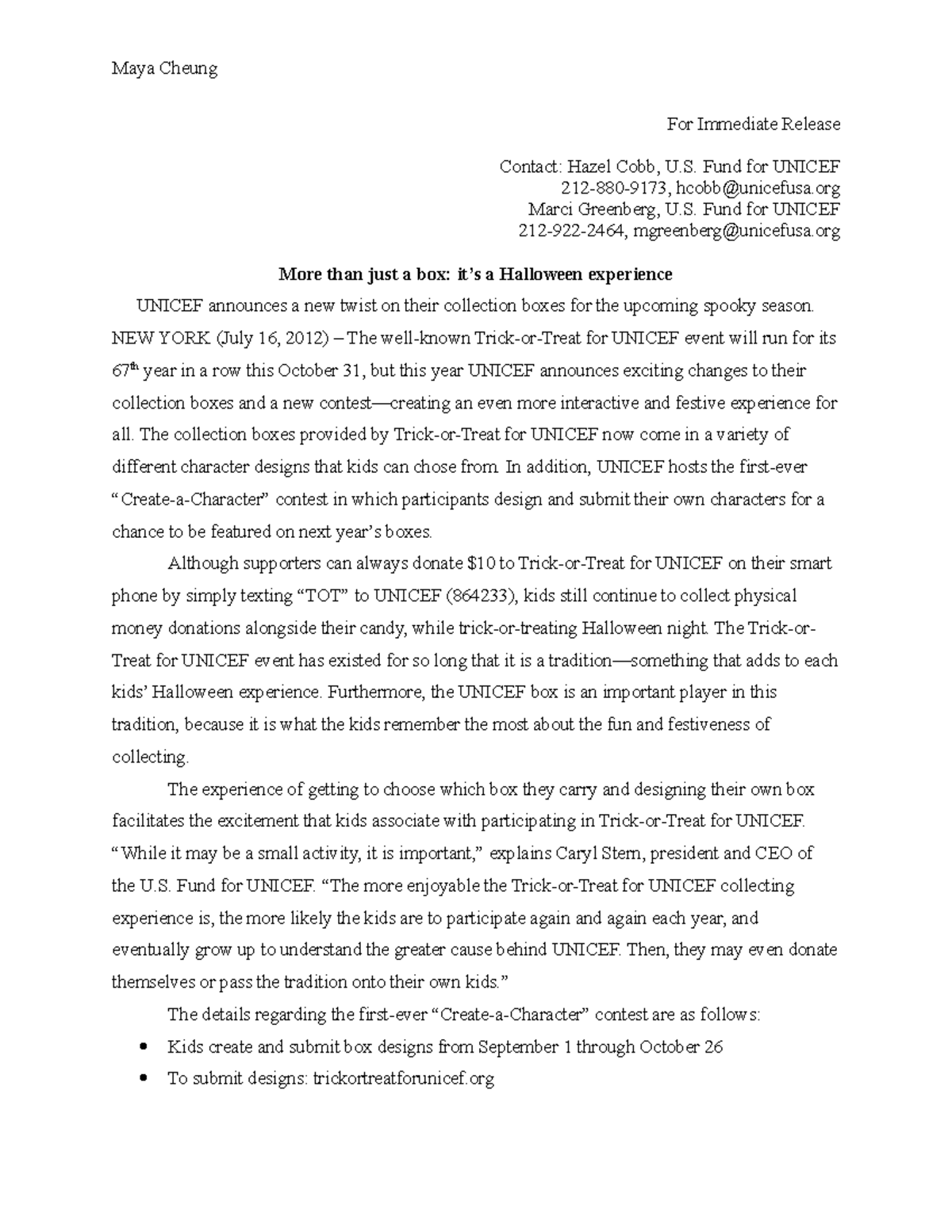 Unicef Release - Maya Cheung For Immediate Release Contact: Hazel Cobb ...