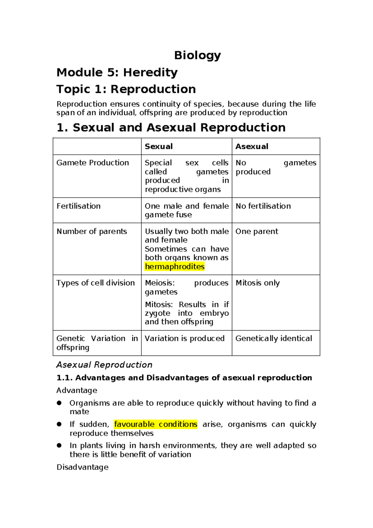 Module 5 and 6 - Biology Module 5: Heredity Topic 1: Reproduction ...