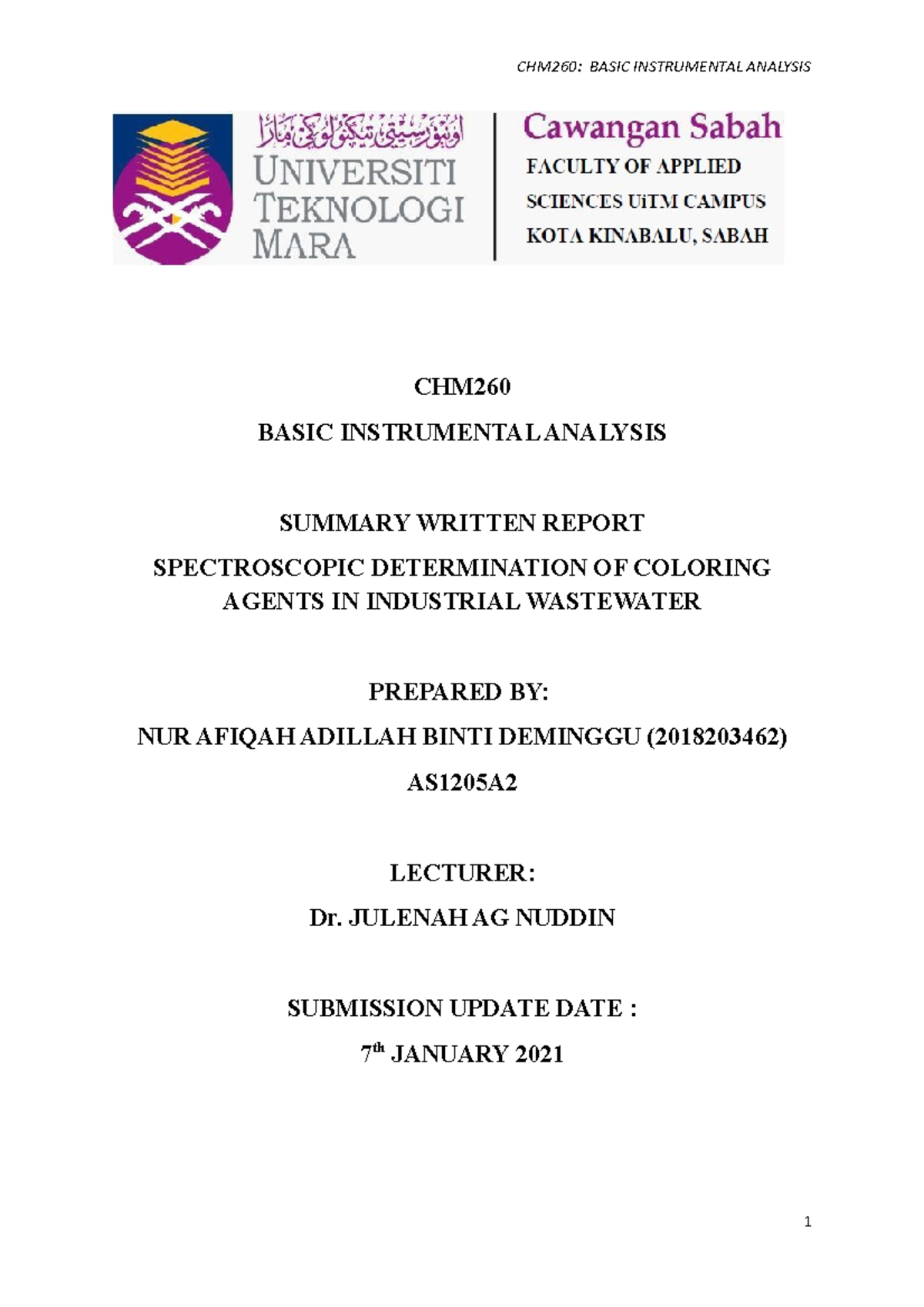 CHM260 - assignnment - CHM BASIC INSTRUMENTAL ANALYSIS SUMMARY WRITTEN ...