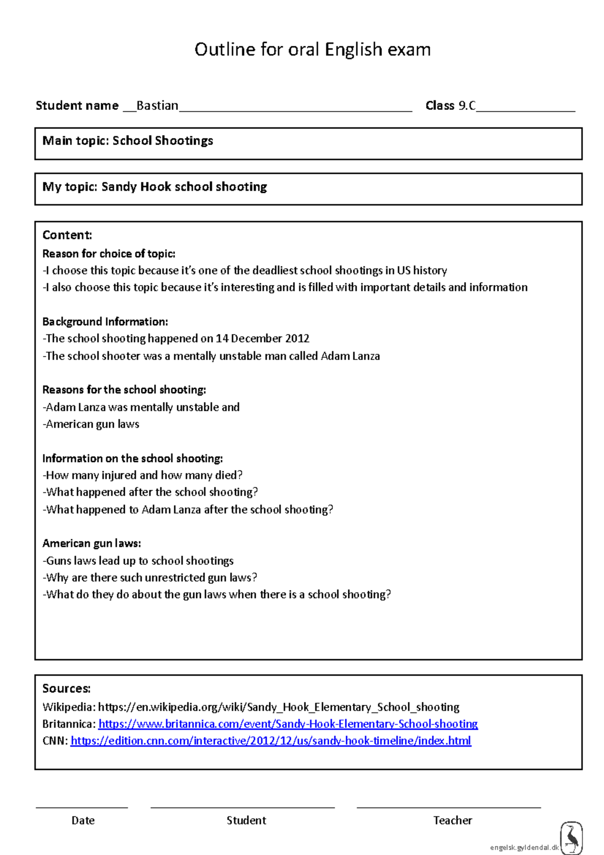 Engelsk skoleskyderi exam outline - Outline for oral English exam ...