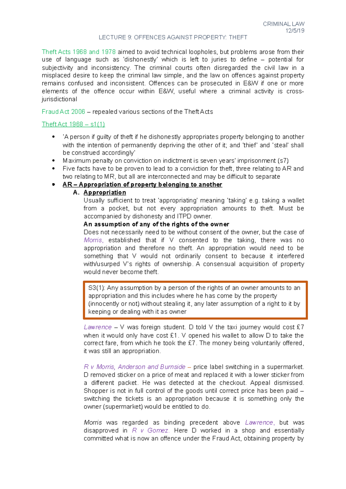 Criminal Law Lecture 8 - Theft - 12/5/ LECTURE 9: OFFENCES AGAINST ...