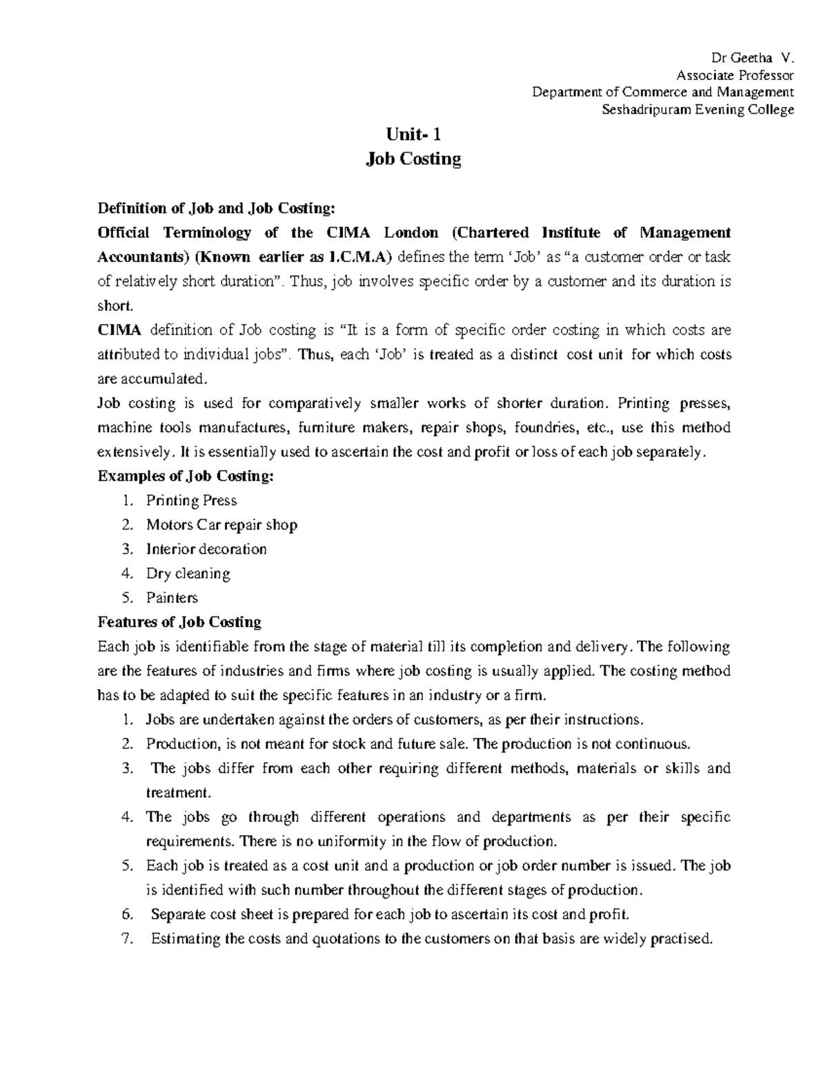 Unit 1 Job and contract Costing - Associate Professor Department of ...