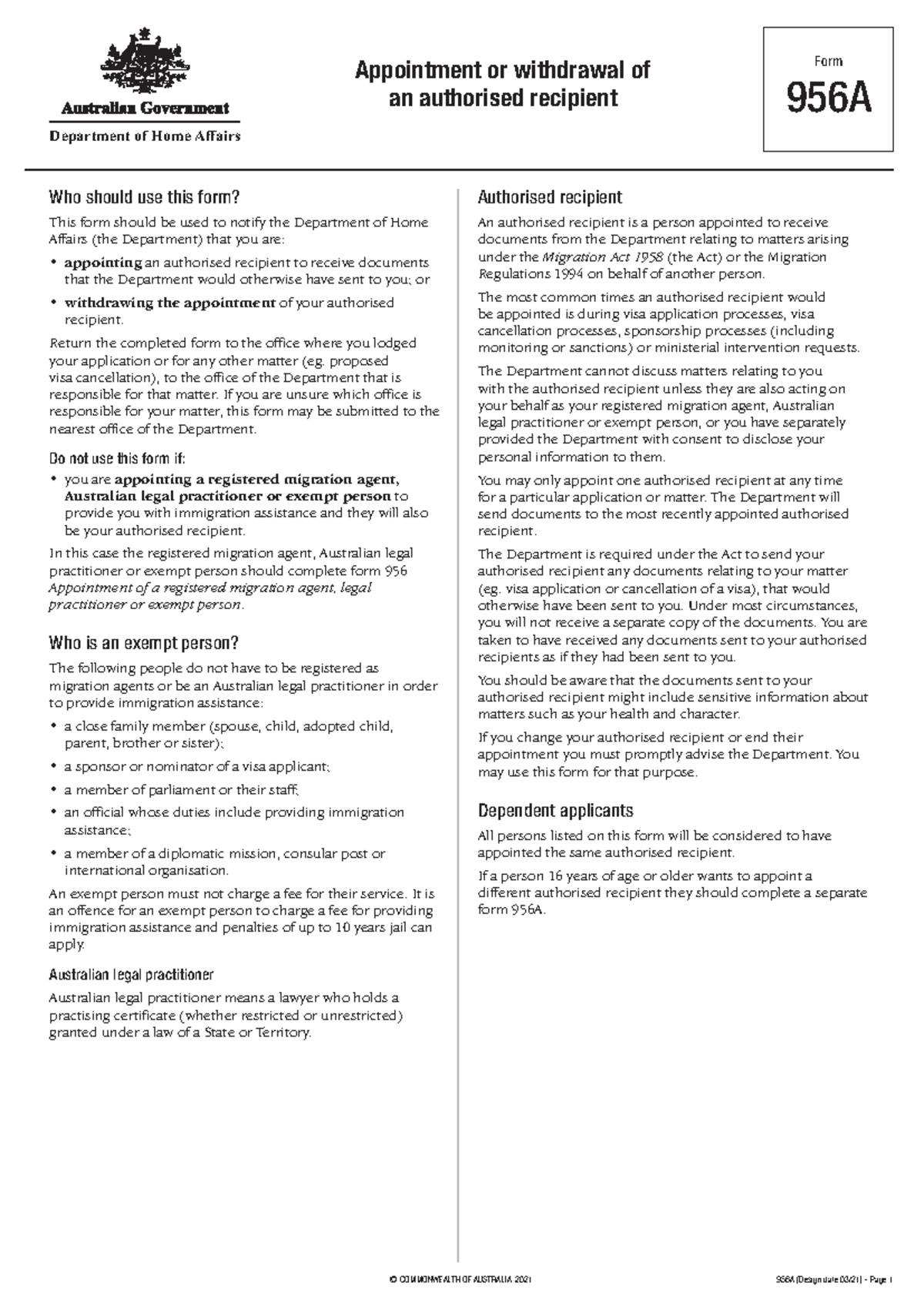 956A Appointment or withdrawal of an authorised recipient ...